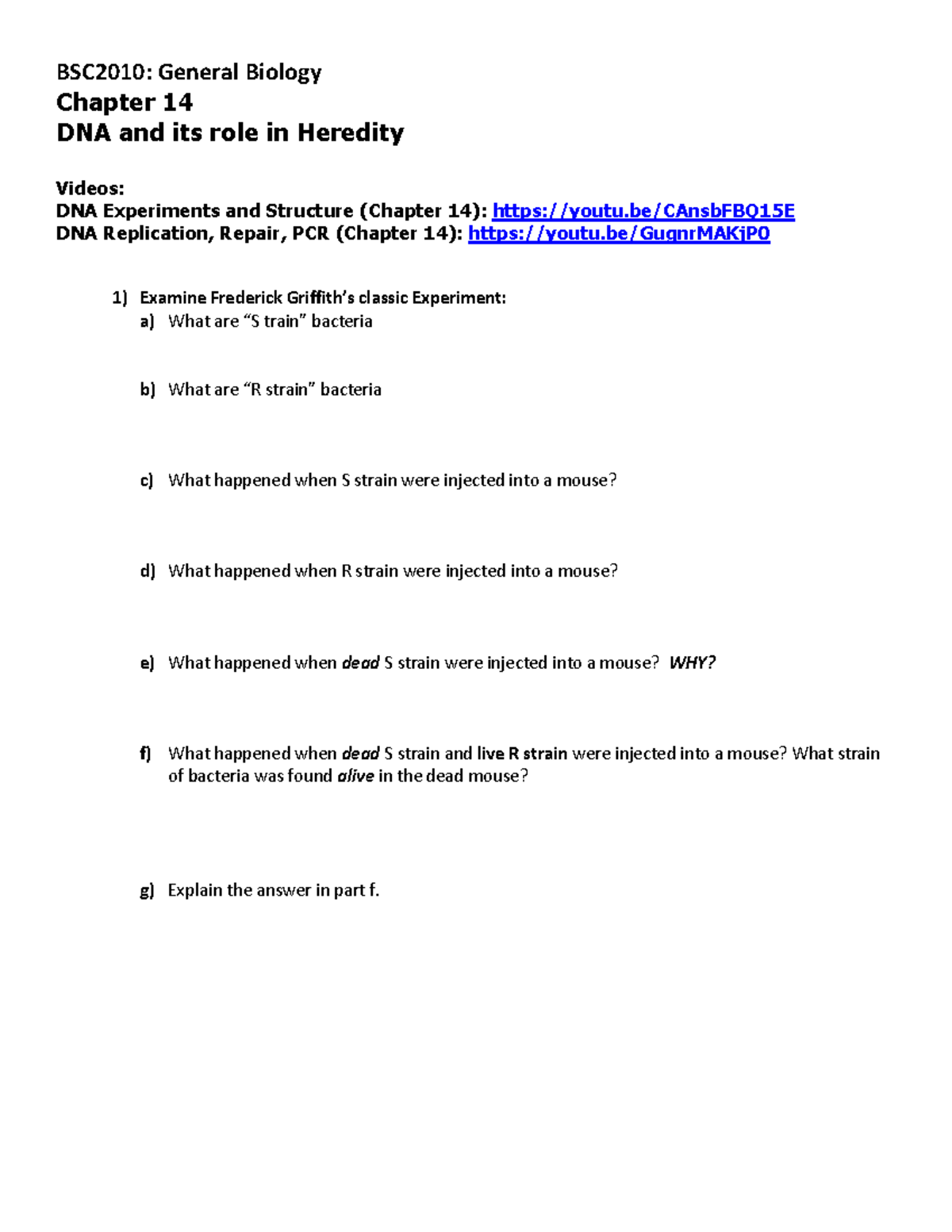 Unit 5 Assignment Chapter 14 DNA and Heredity - bio k101 - Immaculata - Studocu
