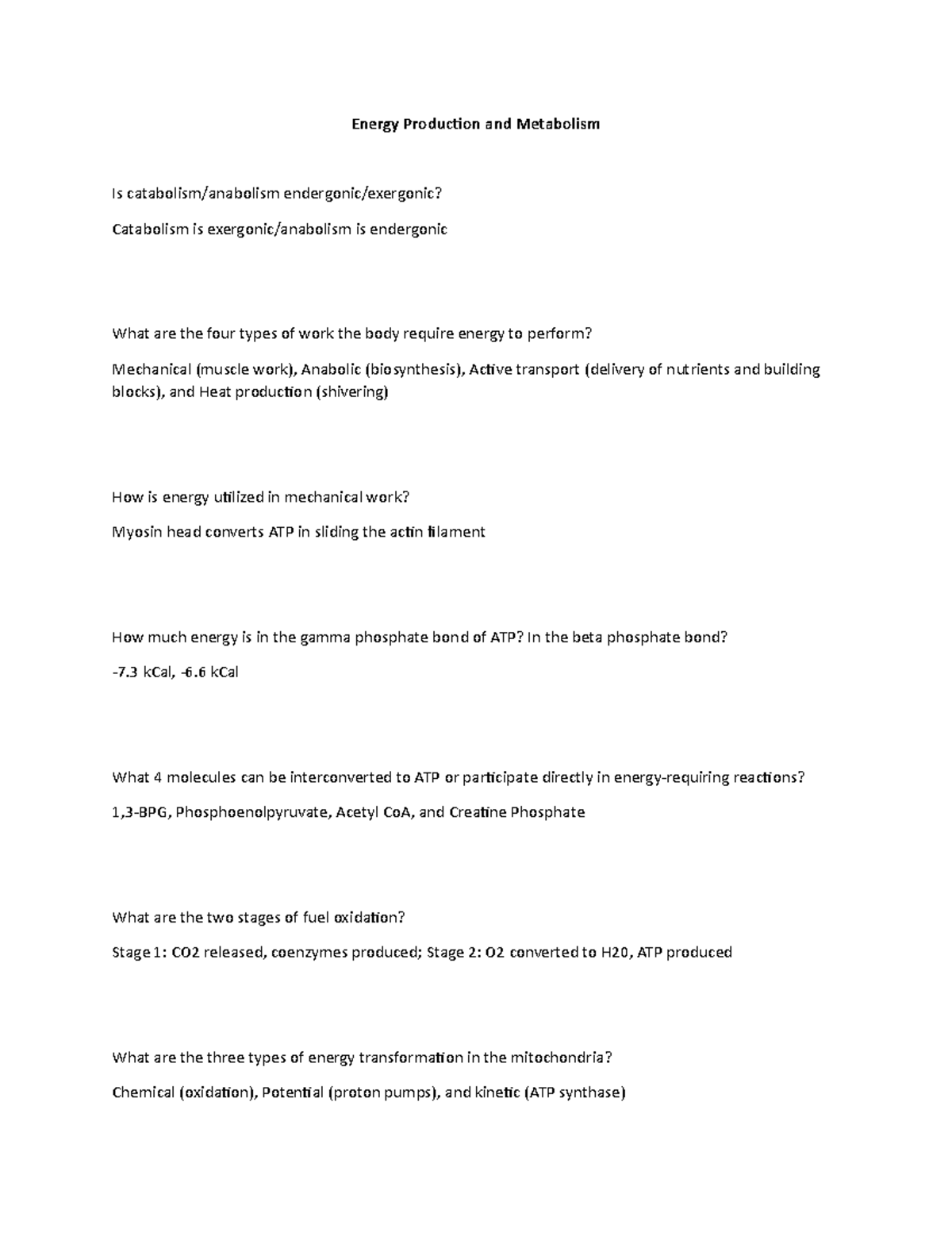 Energy Production and Metabolism - TRUE OR FALSE: 1,3-BPG, PEP, Acetyl ...