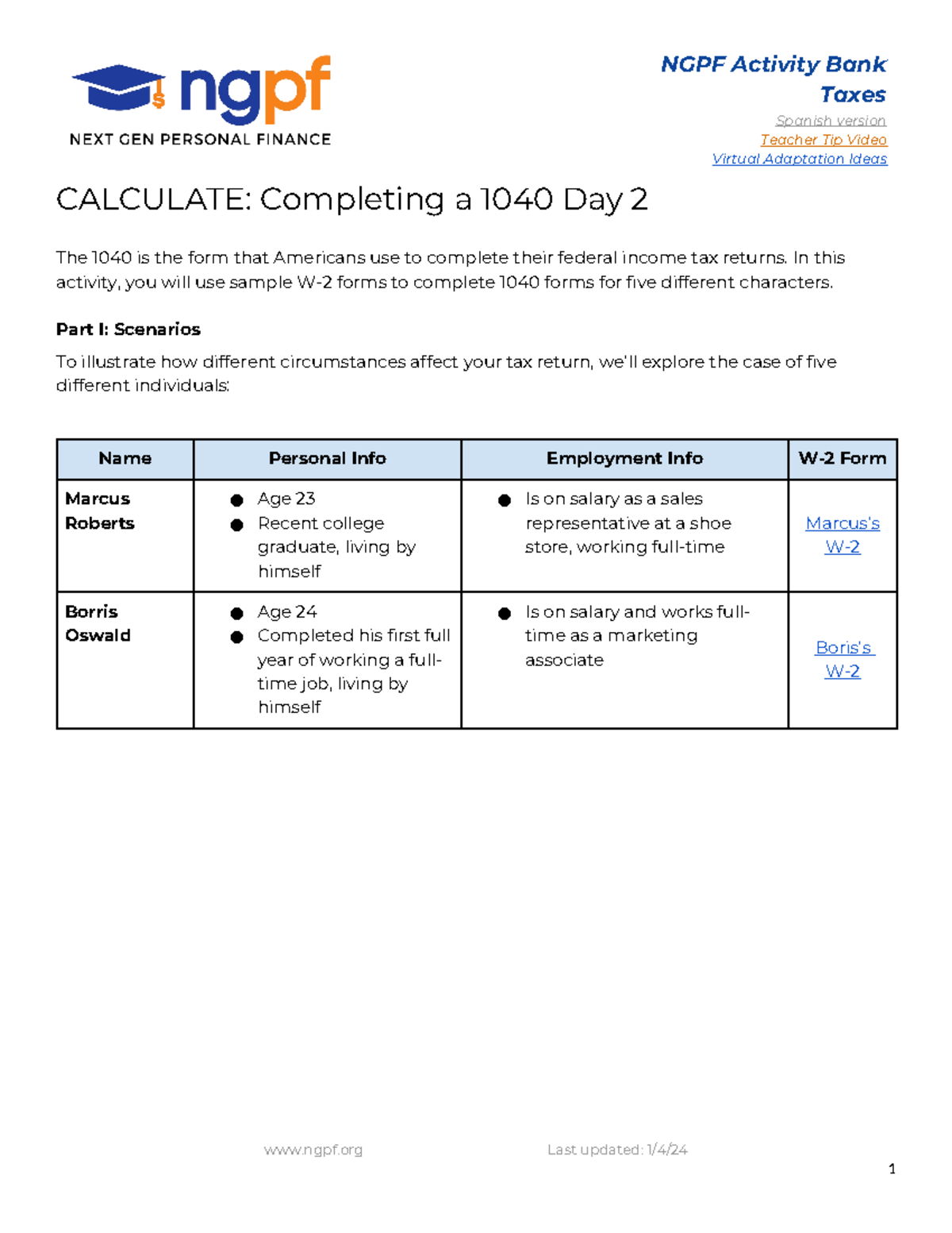 Copy of Calculate Completing a 1040 Day 2 - NGPF Activity Bank Taxes ...