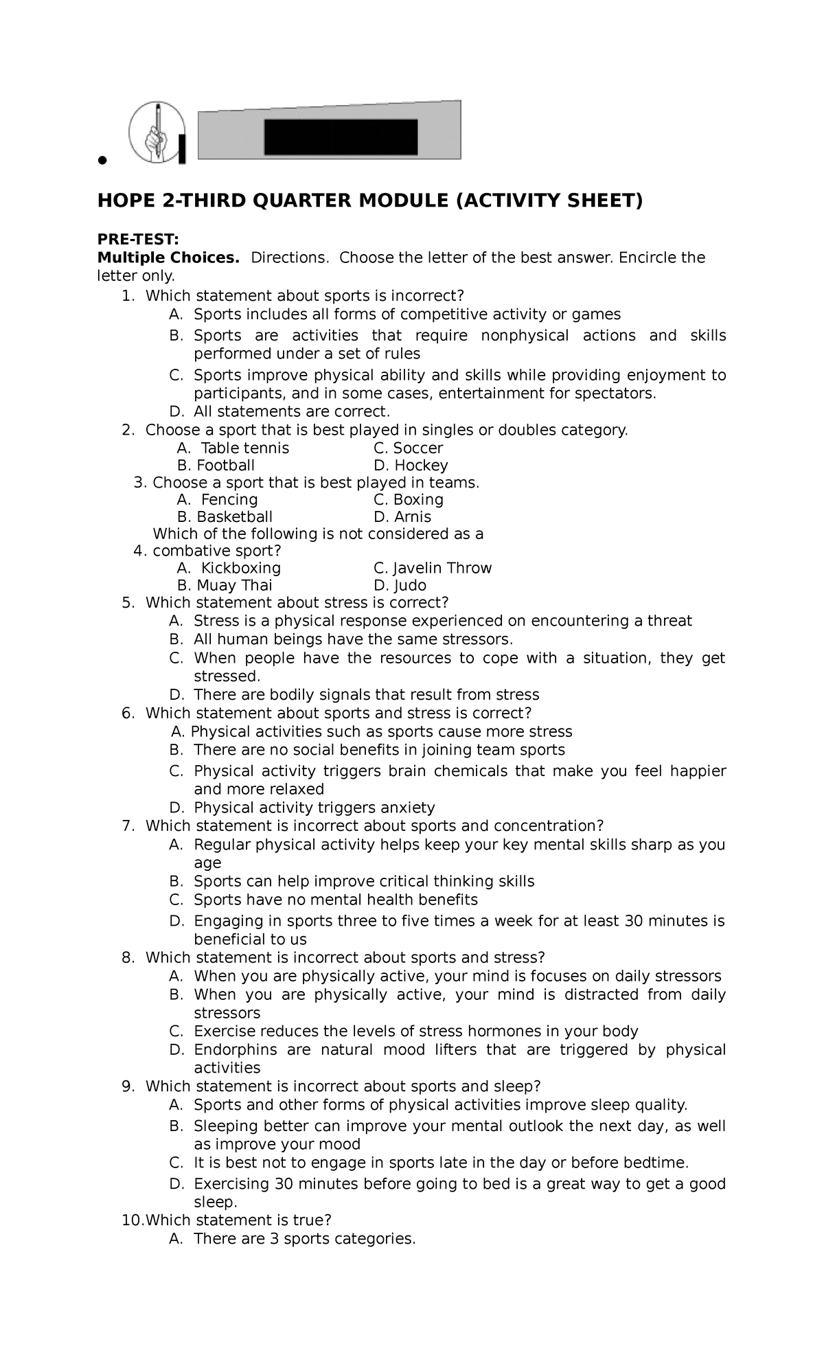 Activity- Sheet- Sports - HOPE 2-THIRD QUARTER MODULE (ACTIVITY SHEET ...
