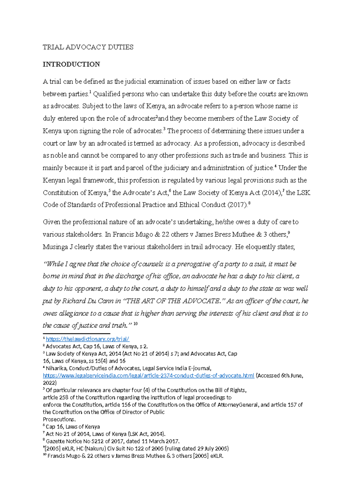 Trial Advocacy Project WORK - TRIAL ADVOCACY DUTIES INTRODUCTION A ...