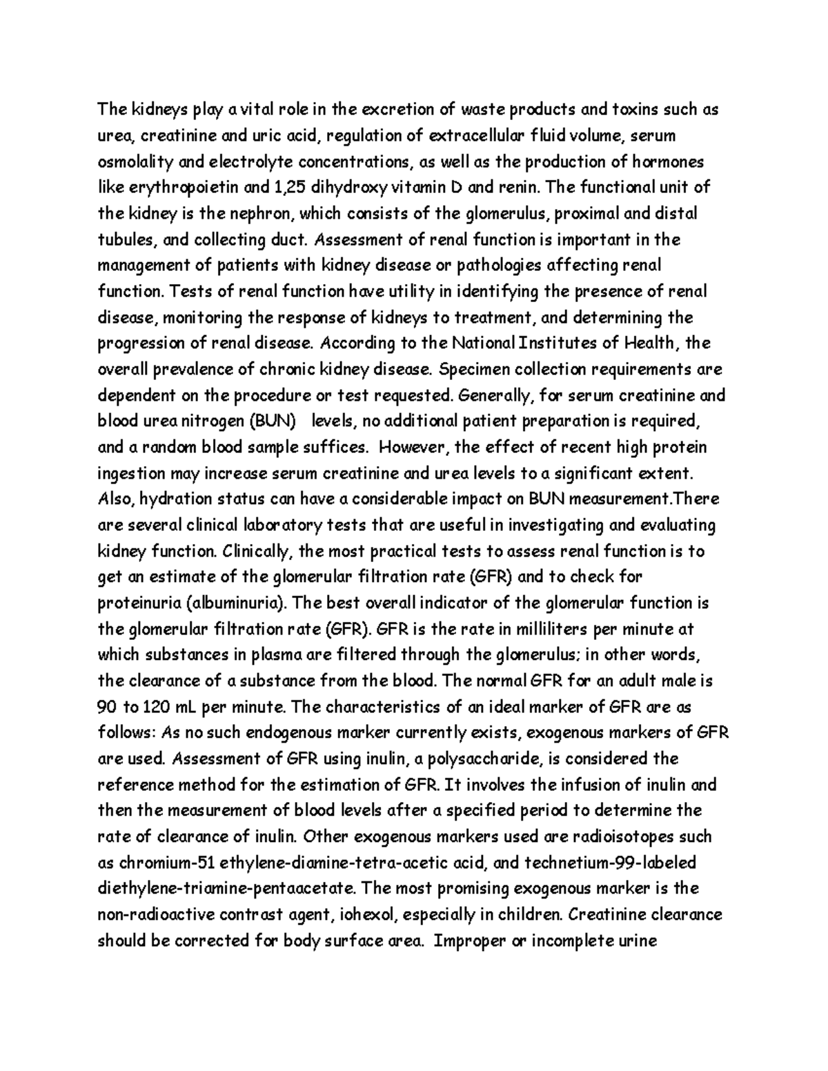 Lab Report - The kidneys play a vital role in the excretion of waste ...