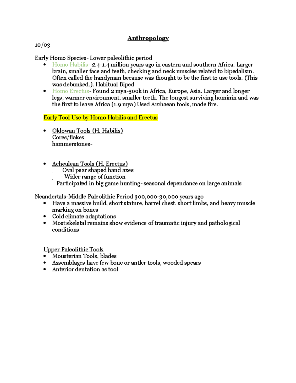 Anthropology - notes - Anthropology 10/ Early Homo Species- Lower ...