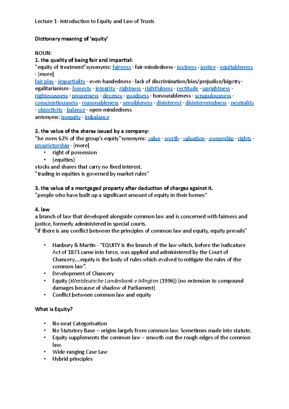 Lecture 1- Introduction to Equity and Law of Trusts - Dictionary ...