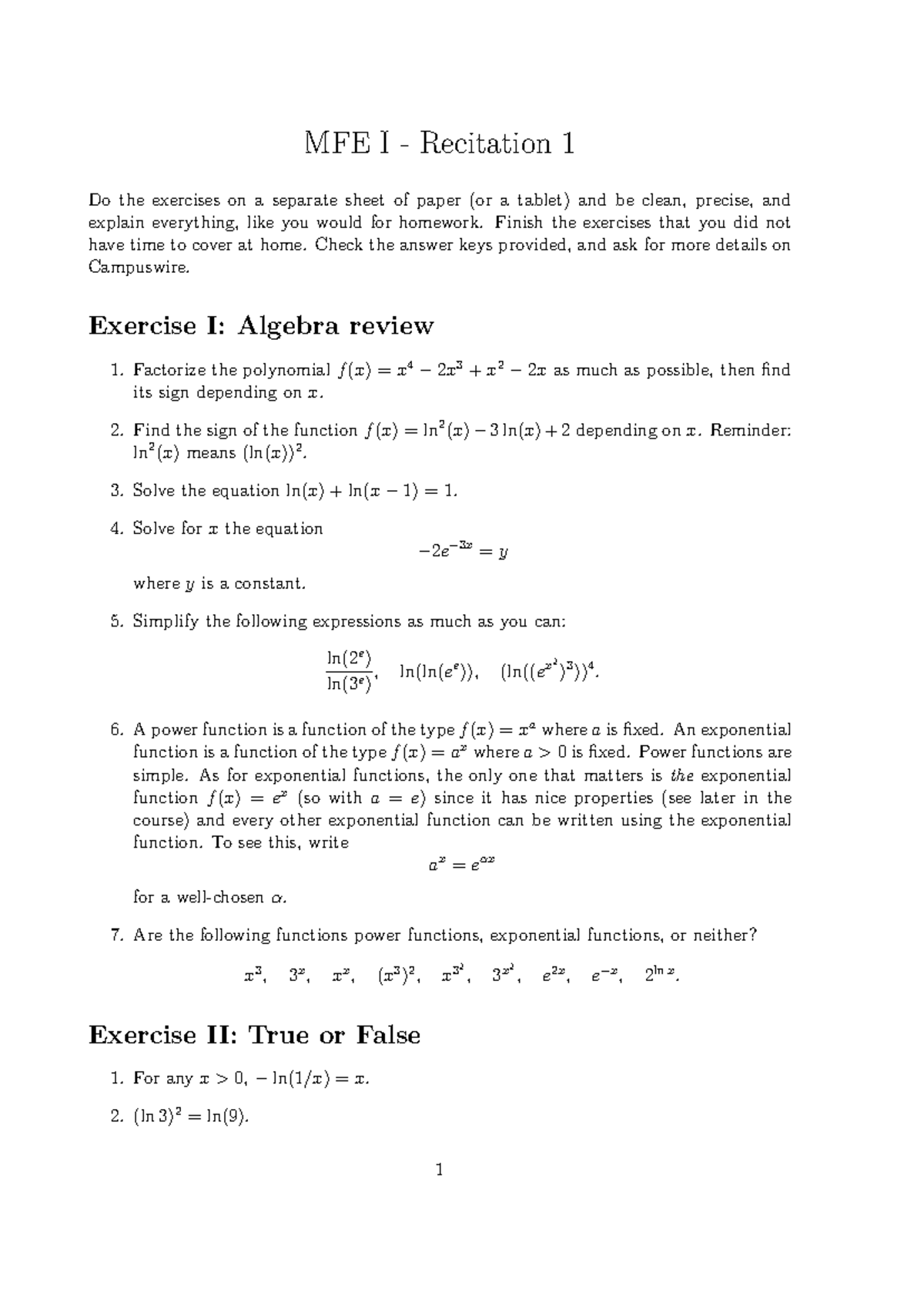 Recitation 1 - problems - MFE I - Recitation 1 Do the exercises on a ...