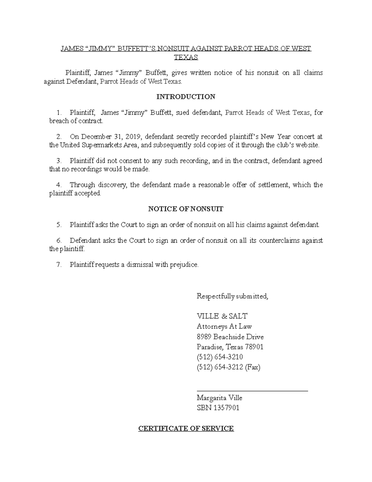 Notice of Nonsuit - JAMES “JIMMY” BUFFETT’S NONSUIT AGAINST PARROT ...