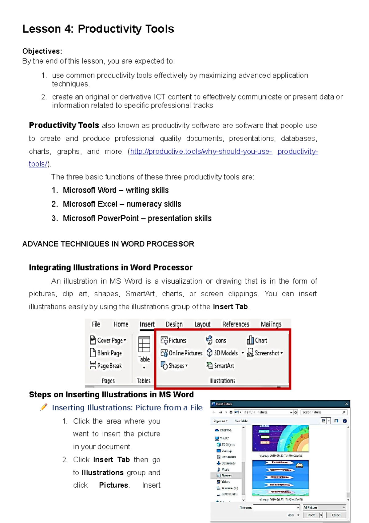 Lesson 4 Productivity Tools - Lesson 4: Productivity Tools Objectives ...