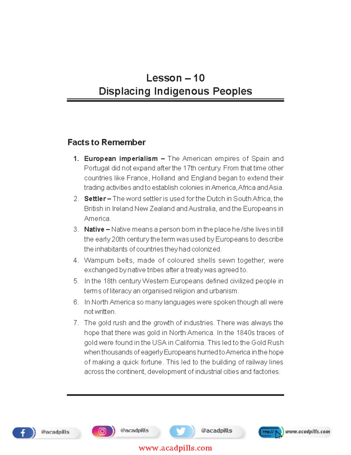 Lesson – 10 Displacing Indigenous Peoples - 49 XI – History Lesson – 10 ...