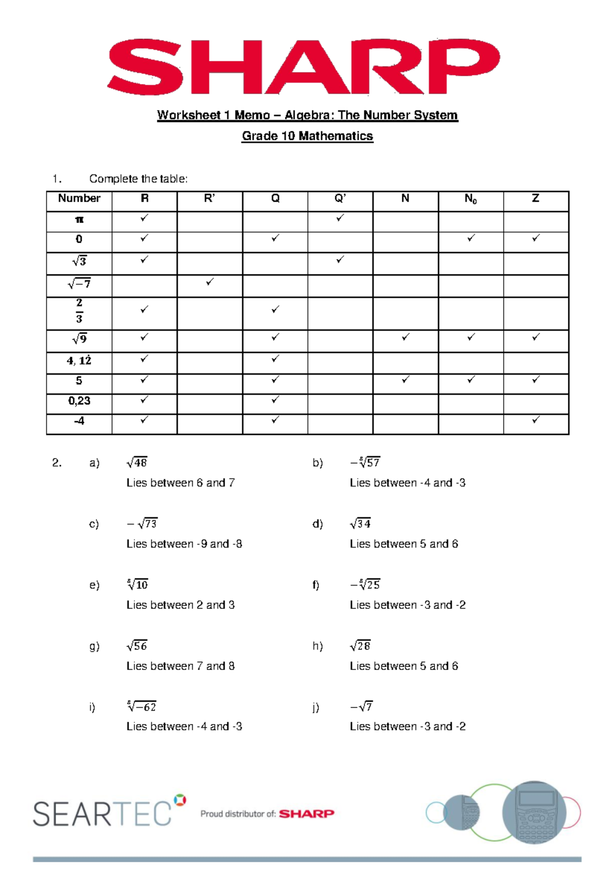 The Number system Key - Worksheet 1 Memo – Algebra: The Number System ...