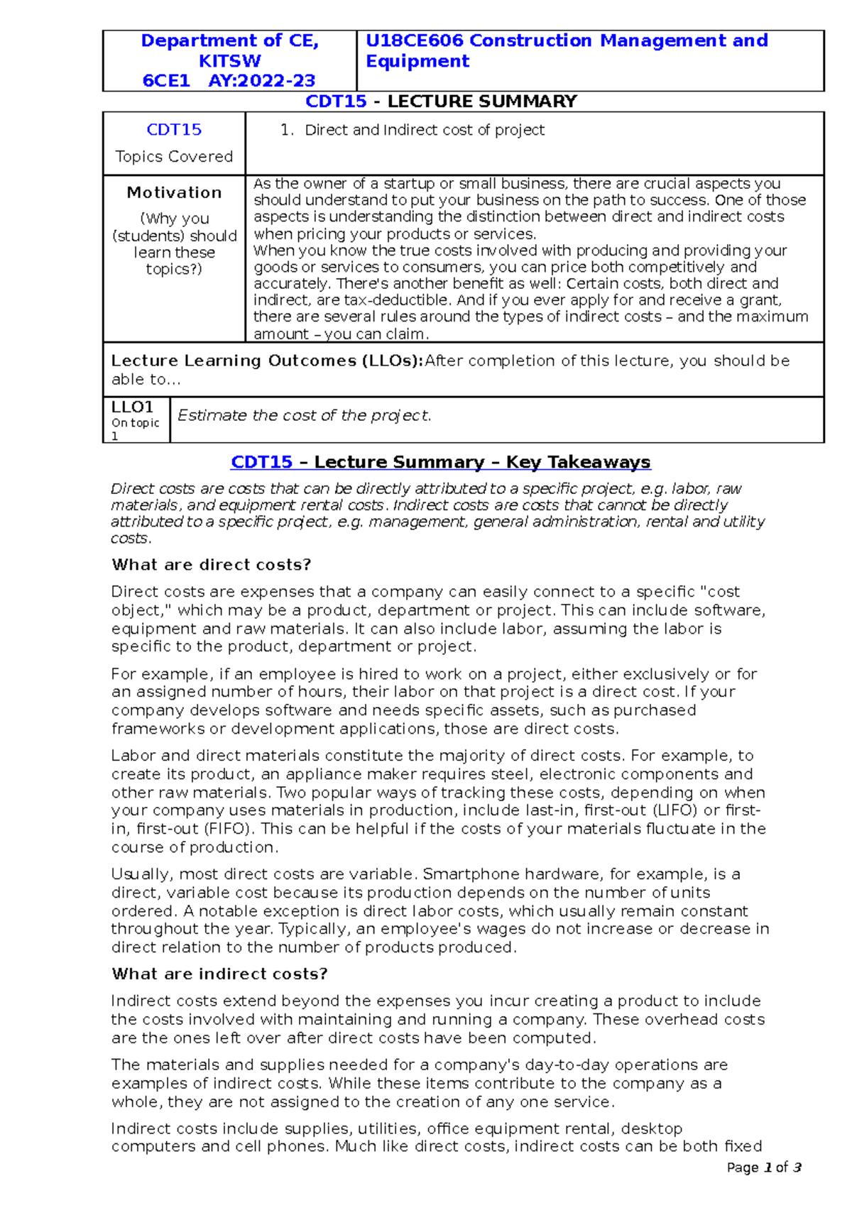 CME24 - Notes - Department of CE, KITSW 6CE1 AY:2022- U18CE606 ...