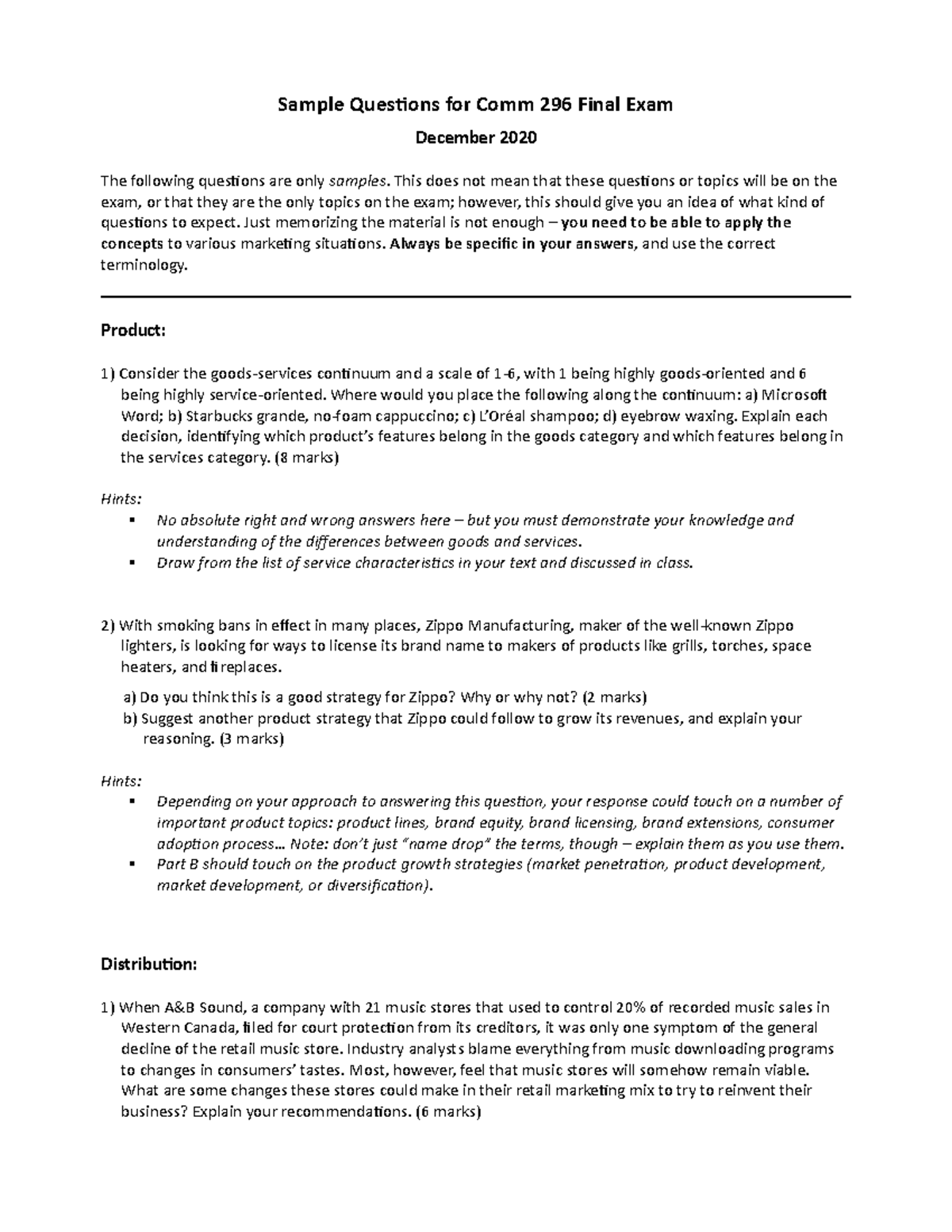 C296 Sample Final Exam Questions - MS Dec 2020 - Sample Questions for Comm 296 Final Exam ...