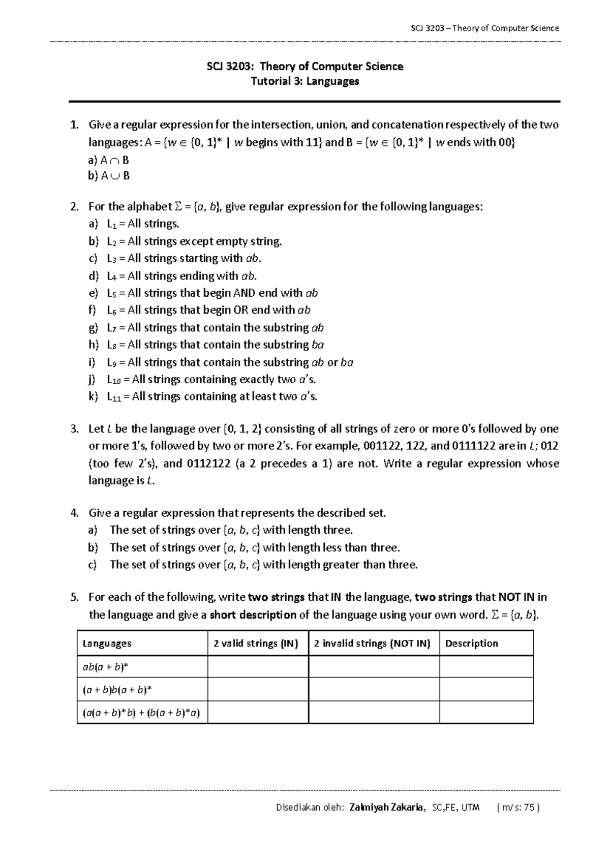 Tutorial 3 on languages and language description - SCJ 3203 – Theory of ...