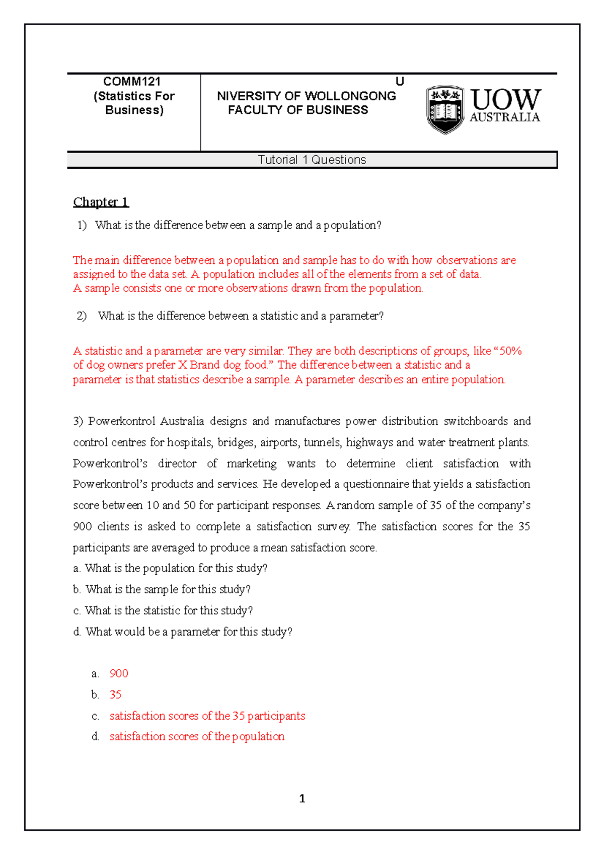 COMM121 T01 Questions ch 1-3 - COMM (Statistics For Business) U ...