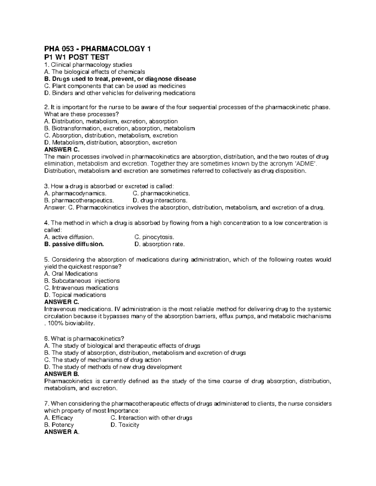 Copy of P1 PHA 053 POST TEST ANS KEY - PHA 053 - PHARMACOLOGY 1 P1 W1 ...