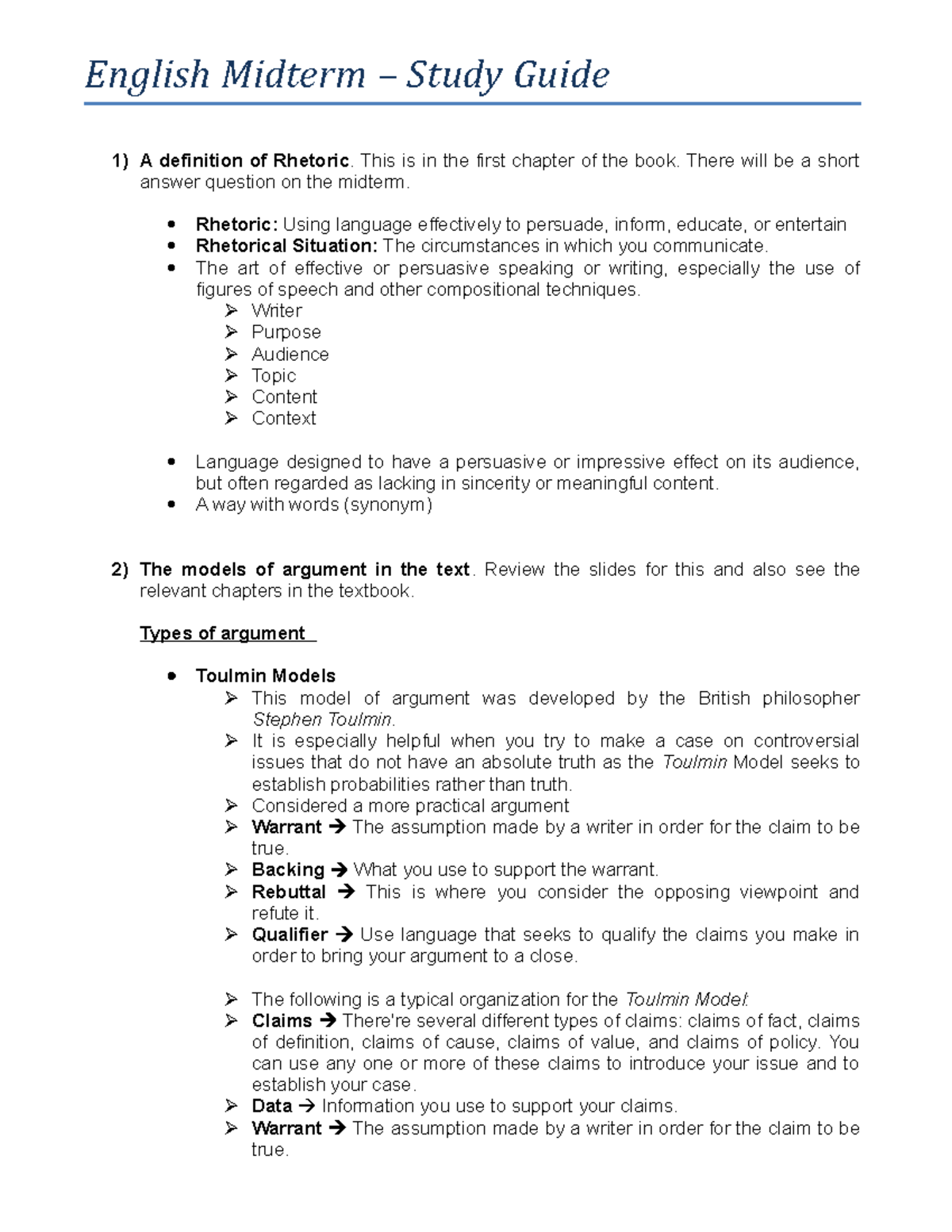 Midterm Study Guide - Dr. Lisa Tomlinson - English Midterm – Study ...