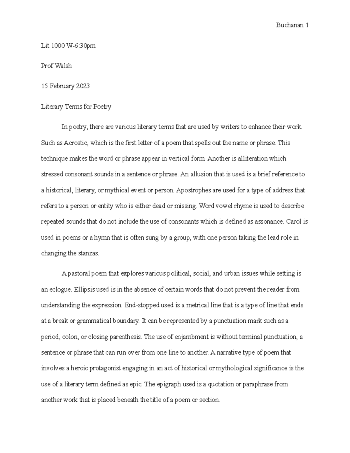 Literary Terms for Poetry - Buchanan 1 Lit 1000 W-6:30pm Prof Walsh 15 ...