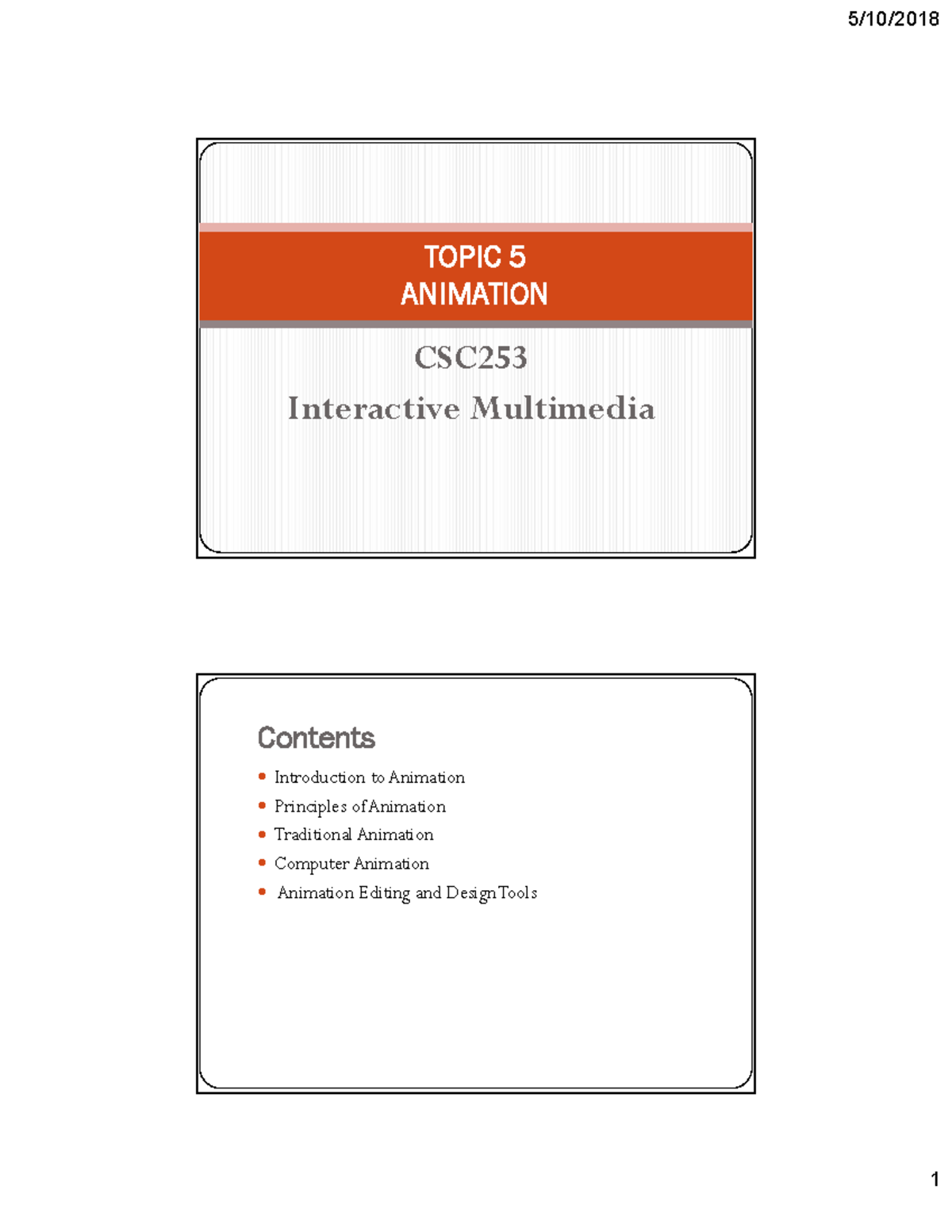 CSC253 Topic 5 - Lecture Notes - Contents Traditional Animation ...