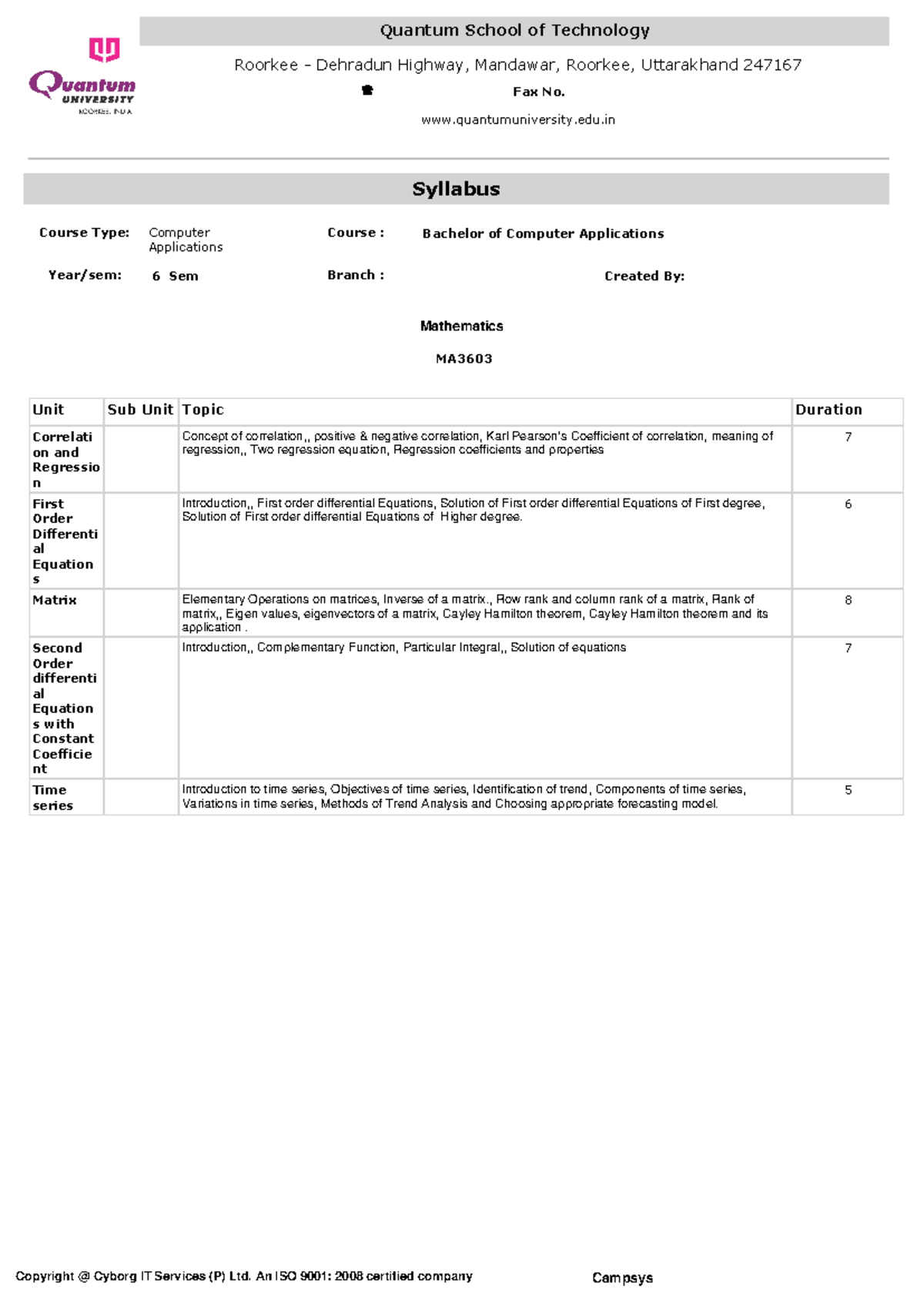 Maths - Simple - Quantum School of Technology Fax No. Syllabus Course Type: Course : Year/sem ...
