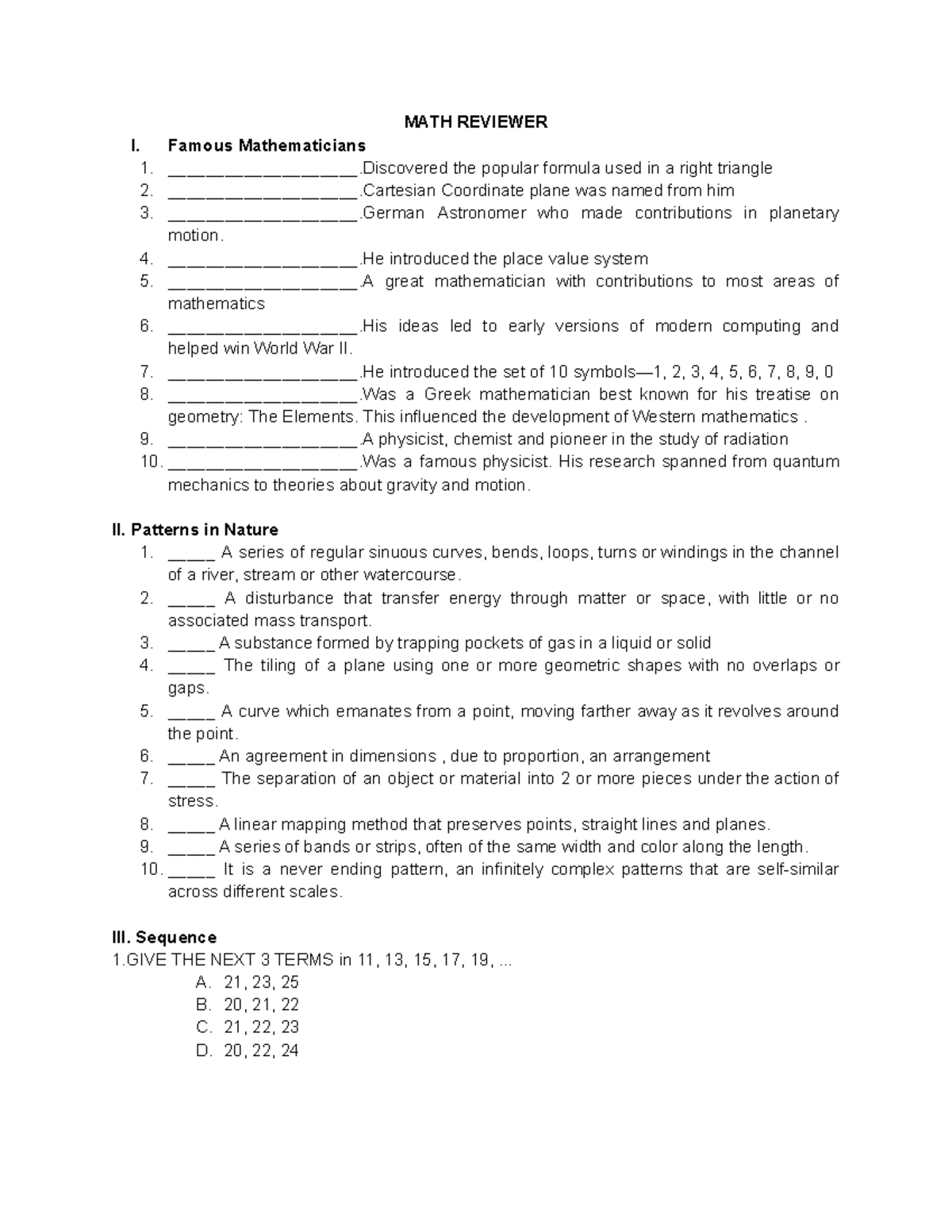 MATH Reviewer - MATH REVIEWER I. Famous Mathematicians 1 ...