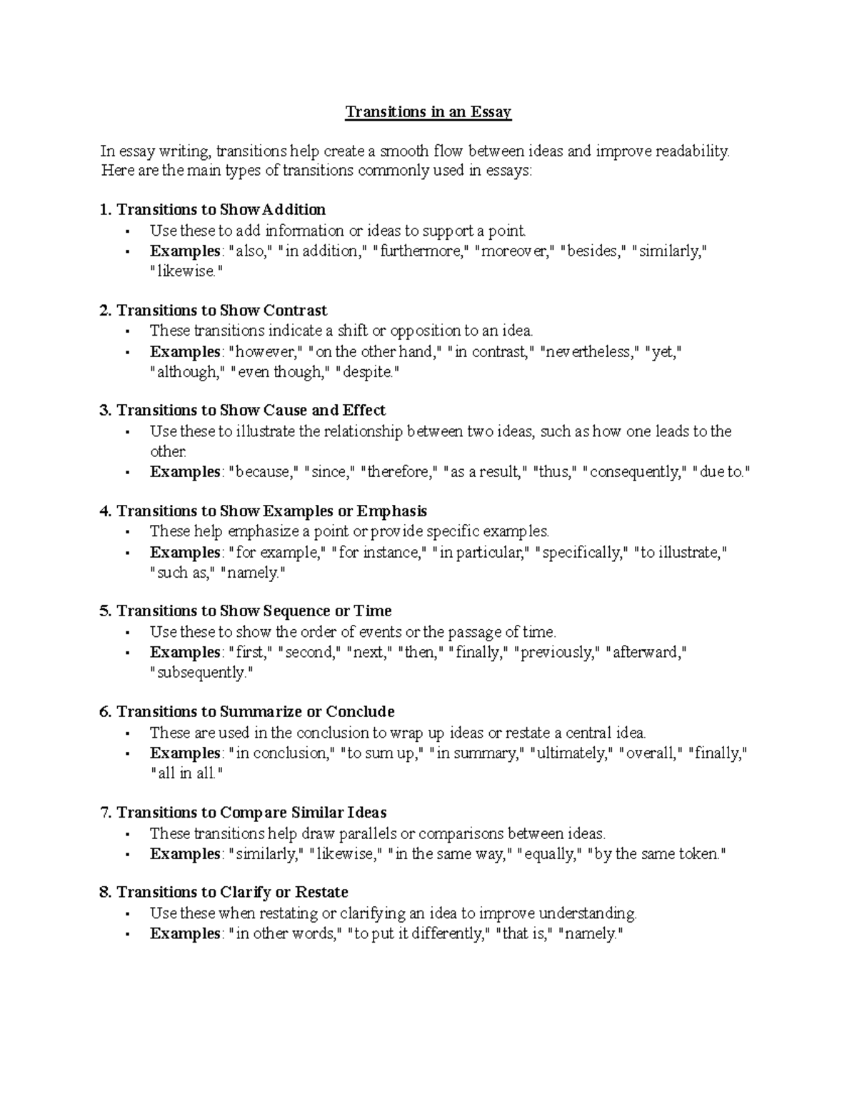 Lcc exercise 2 - NOTES - Transitions in an Essay In essay writing ...