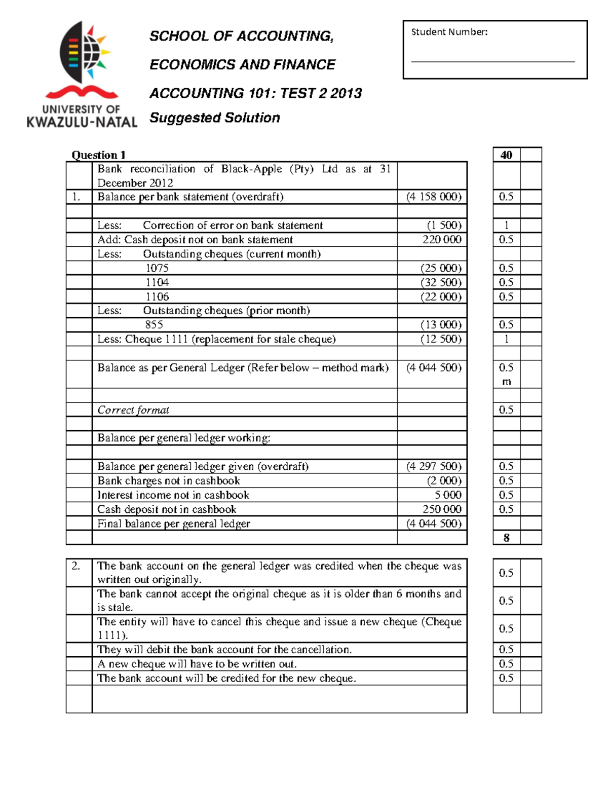 2013 Acc 101 Test 2 Solution - SCHOOL OF ACCOUNTING, ECONOMICS AND ...