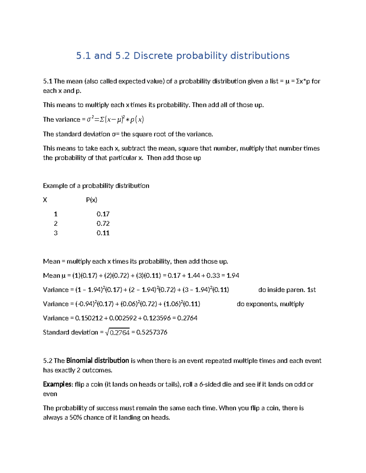 Stat 1031 - Chapter 5 notes-accessible - 5 and 5 Discrete probability ...
