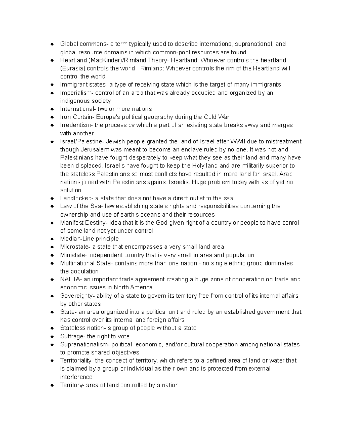 Unit 8 - political AP Human geo vocab - Global commons- a term typically used to describe - Studocu