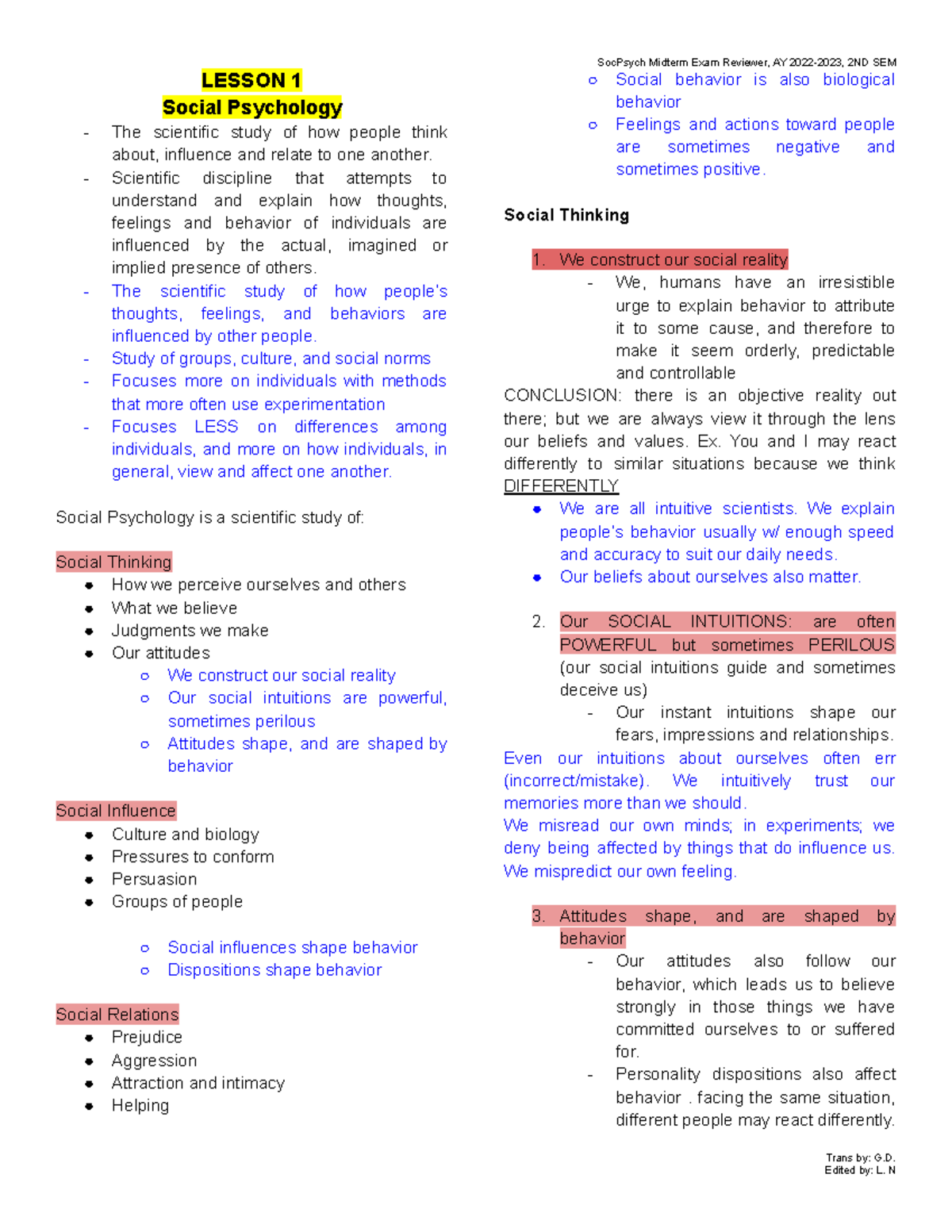 Copy of Social Psych Reviewer - LESSON 1 Social Psychology The ...