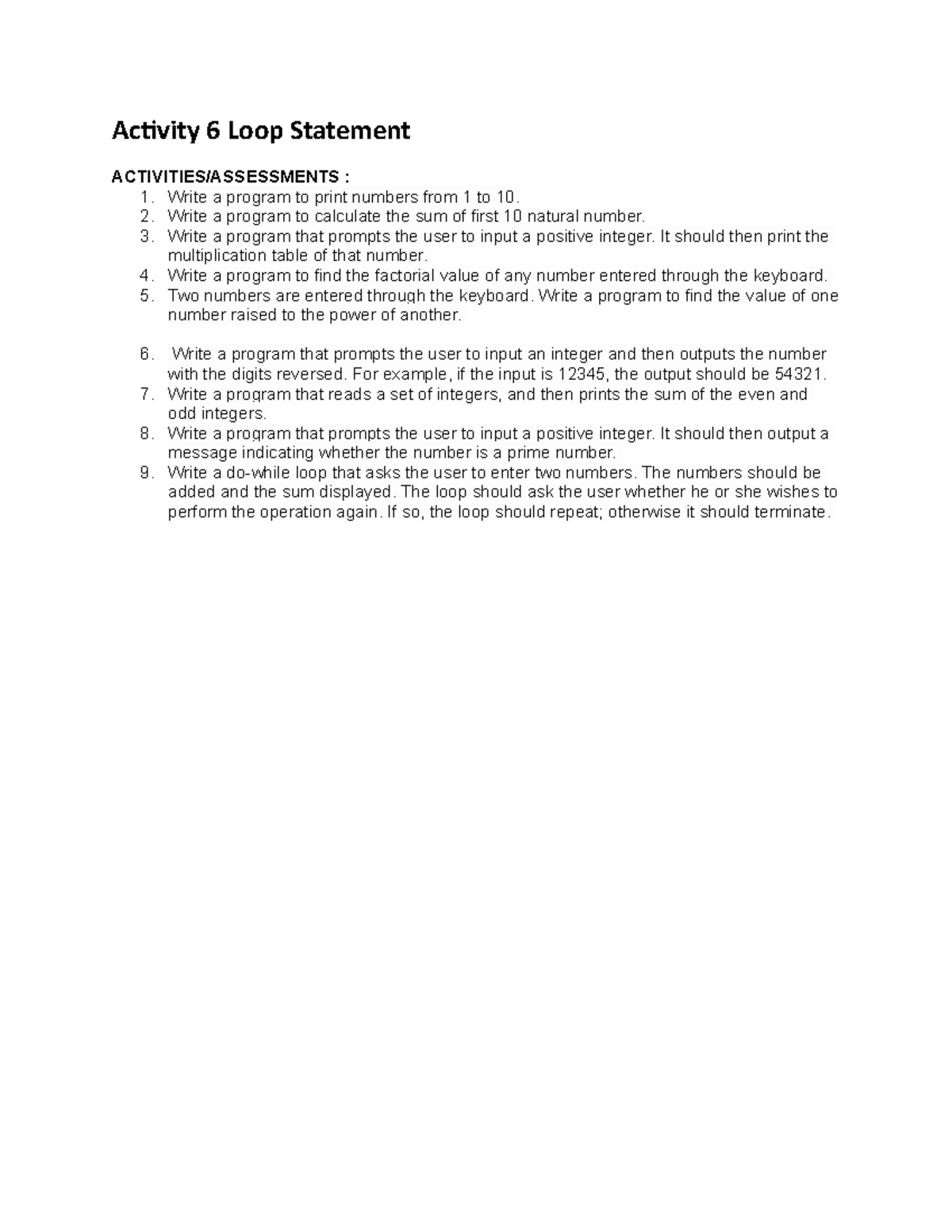 Activity 6 Loop Statement - Activity 6 Loop Statement ACTIVITIES ...
