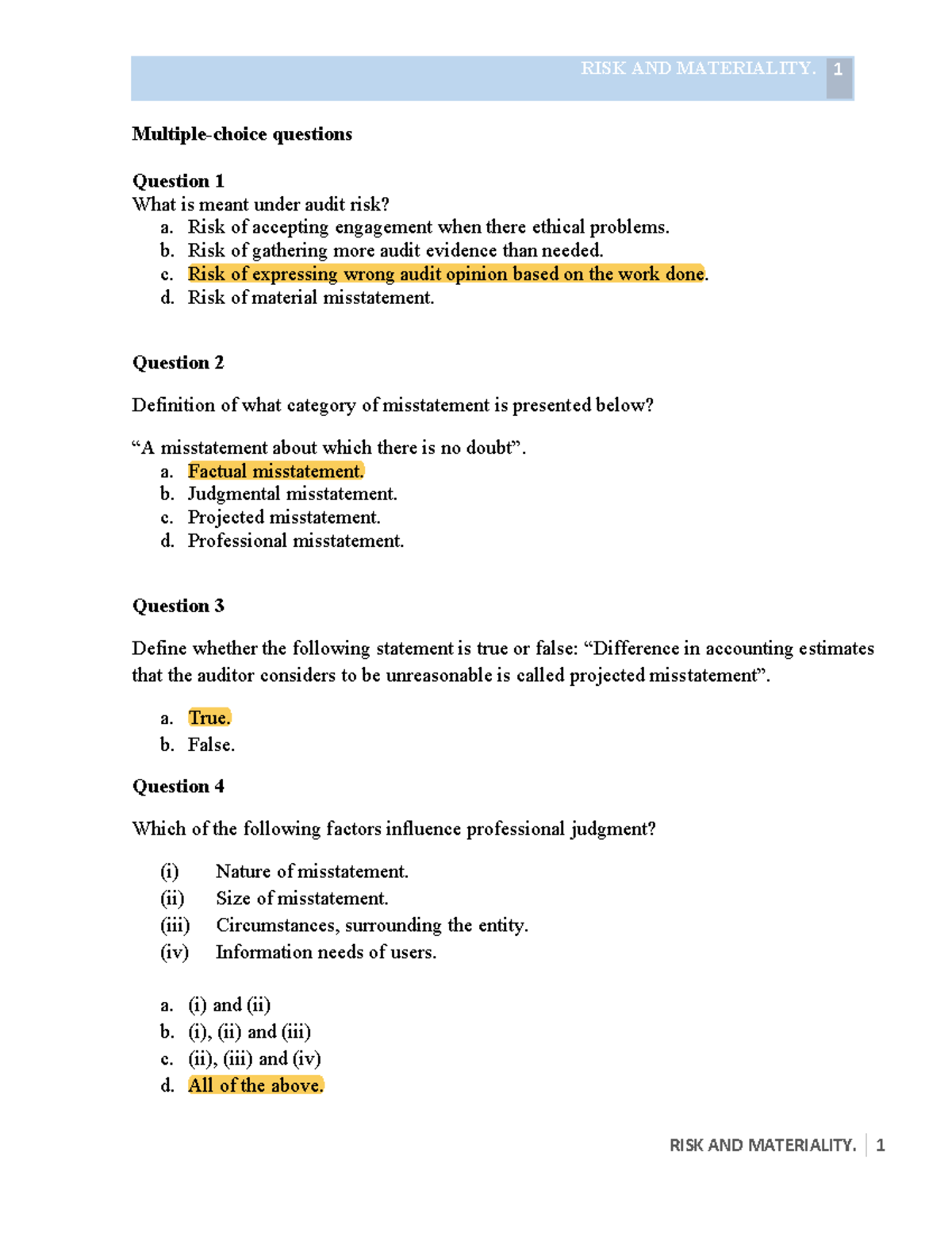 Sem T5 Risk and Materiality Q - RISK AND MATERIALITY. 1 Multiple-choice ...