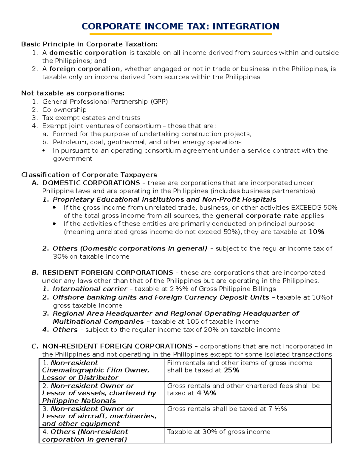 Corporate Income Tax - CORPORATE INCOME TAX: INTEGRATION Basic ...