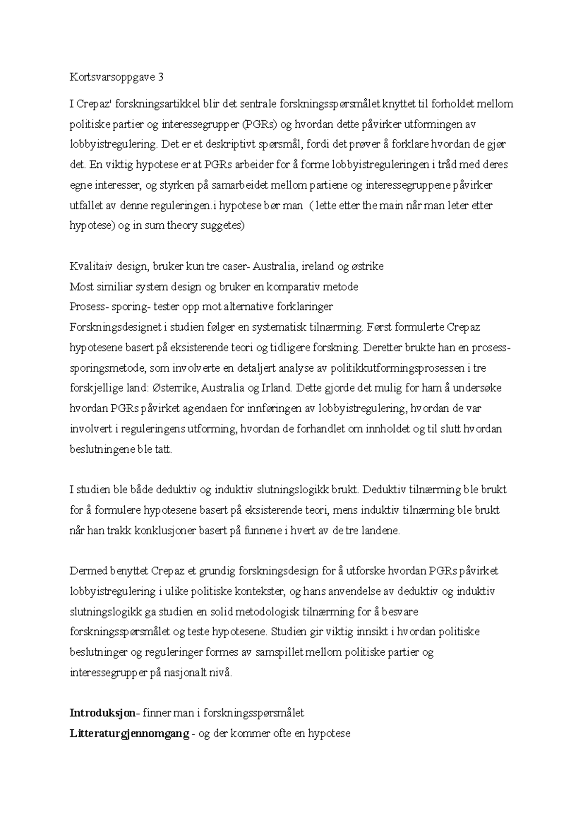 Kortsvarsoppgave-3 - tredje levering av kort svar oppgave - Kortsvarsoppgave 3 I Crepaz' - Studocu