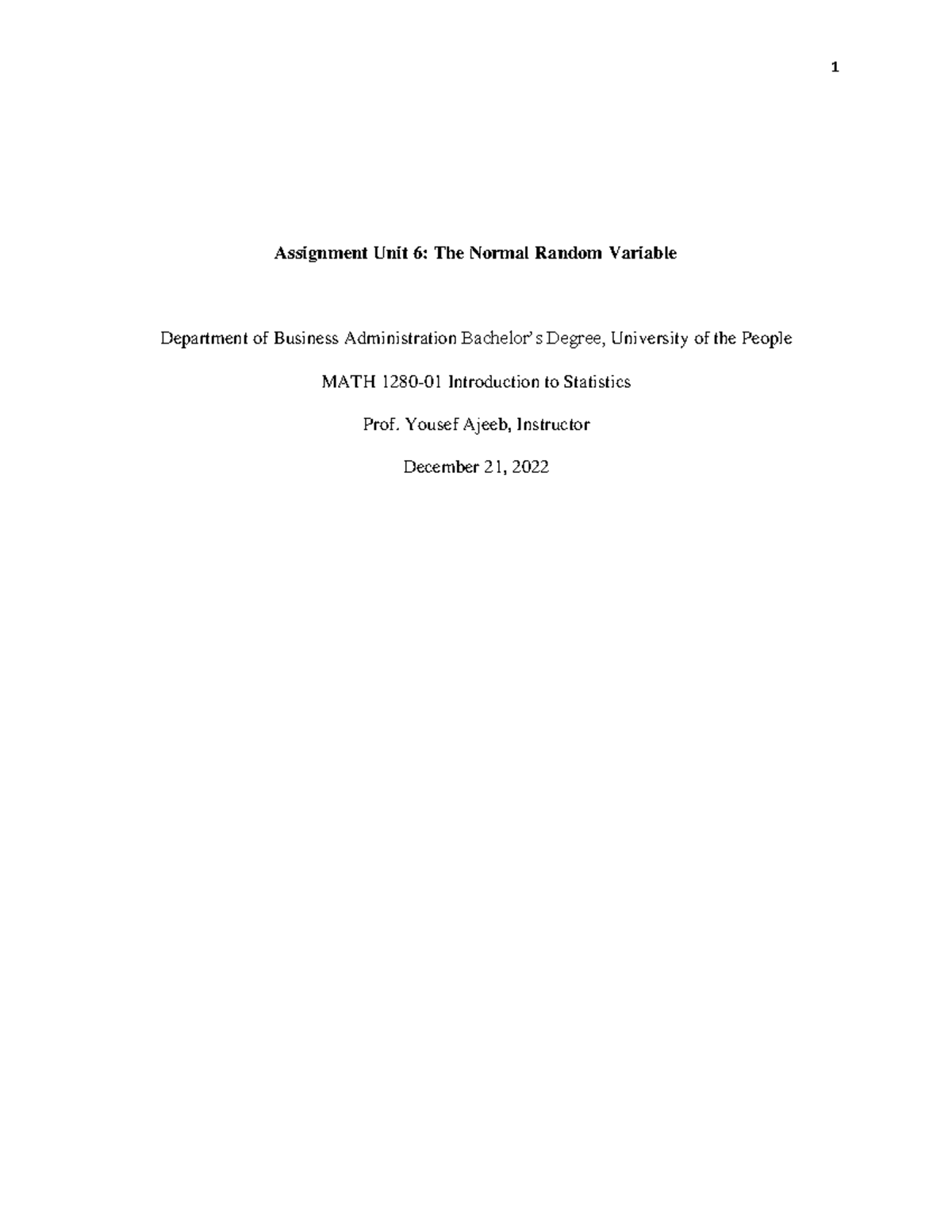 Assignment Unit 6-The Normal Random Variable - Assignment Unit 6: The ...