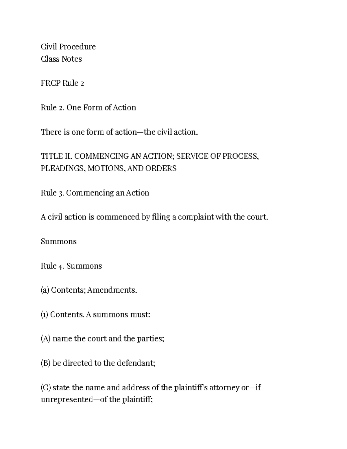 Civil Procedure 2 - FRCP Rule 2 - Civil Procedure Class Notes FRCP Rule ...