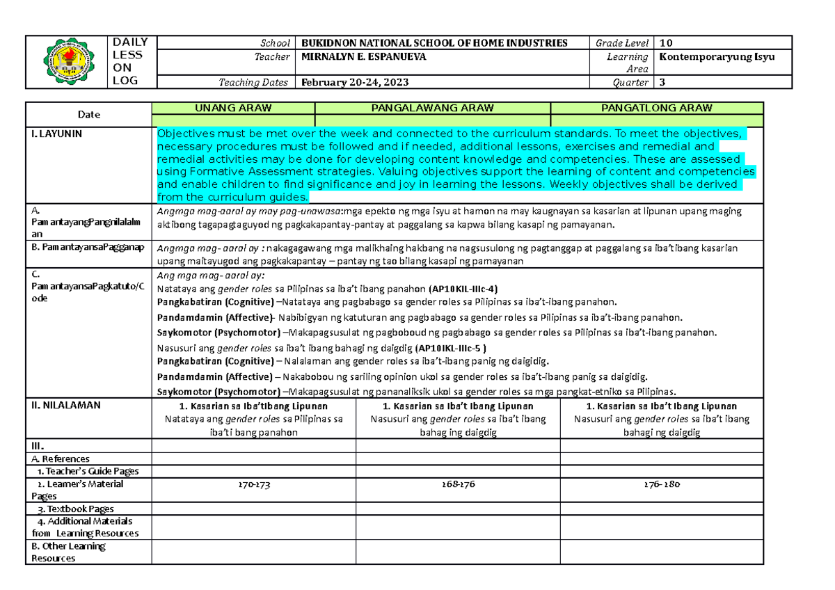 LESSON PLAN IN SOCIAL SCIENCE - DAILY LESS ON LOG School BUKIDNON ...