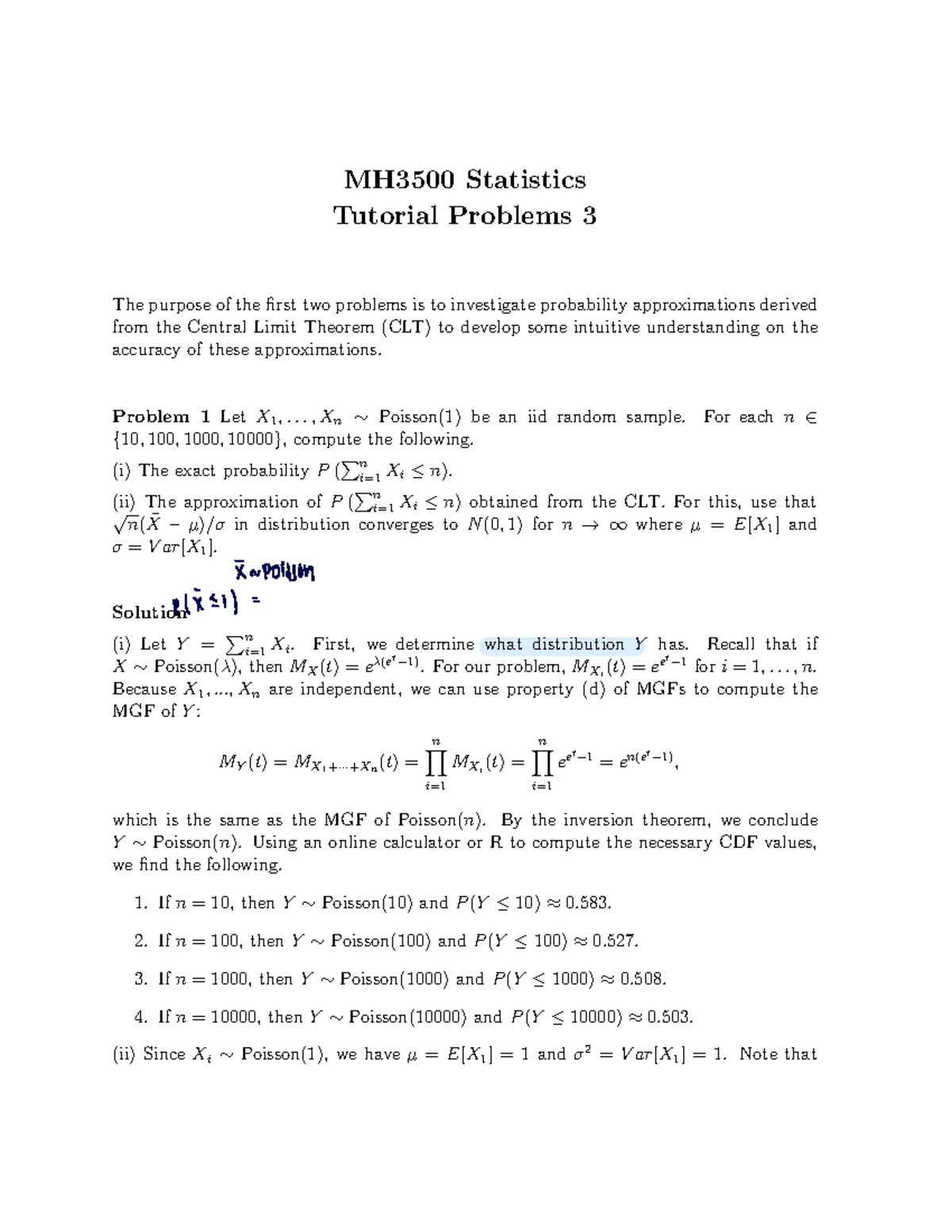 Tutorial 3 Solutions MH3500 Notes - MH3500 Statistics Tutorial Problems ...