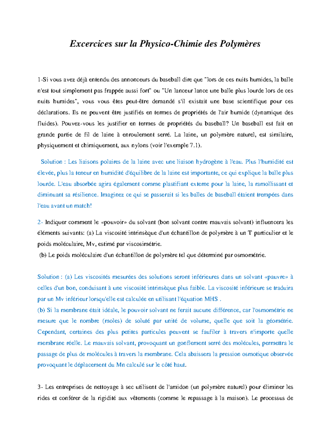 TD Physiquochimie des polymére - Excercices sur la Physico-Chimie des ...