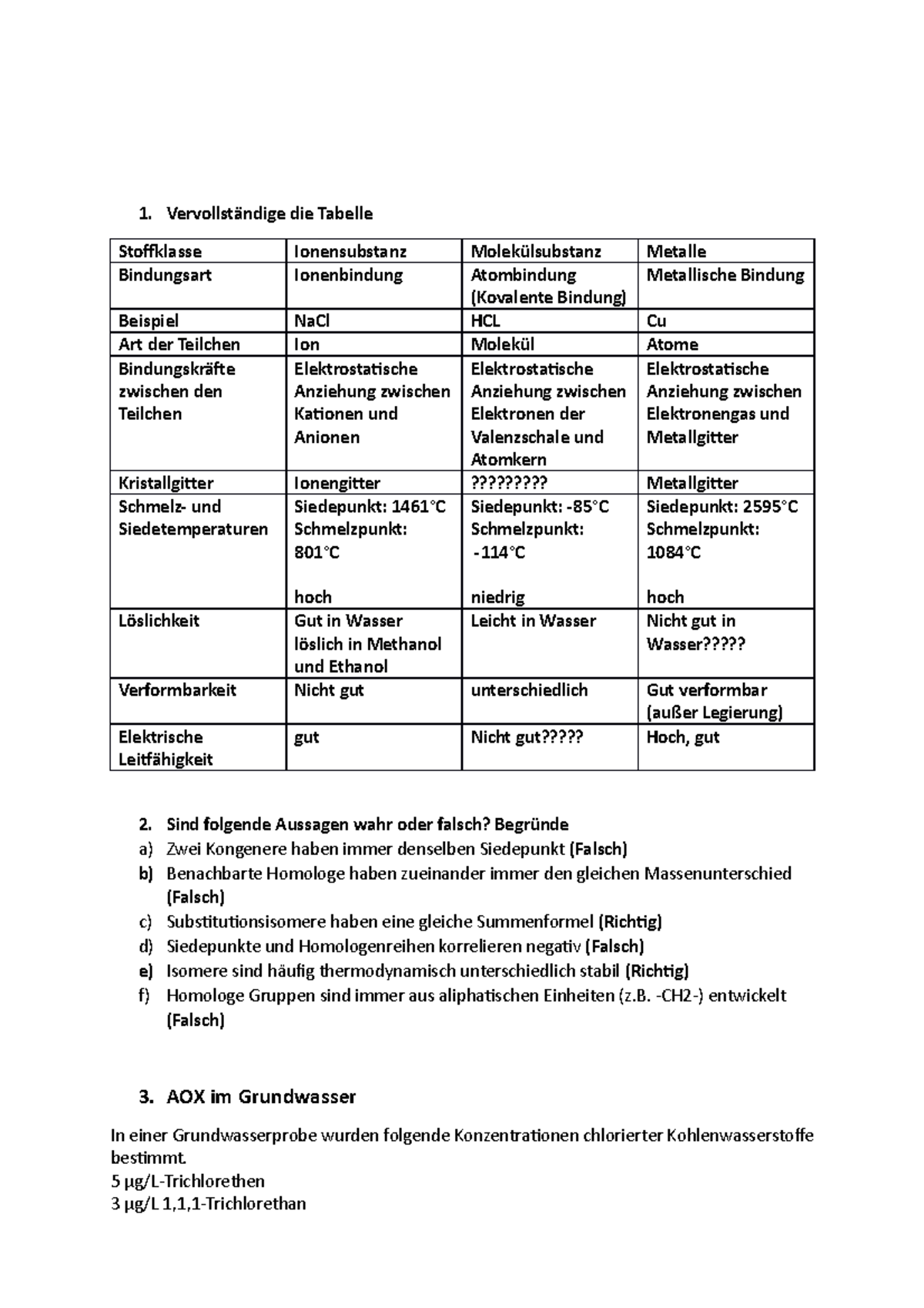 1 - Umweltchemie II Hausaufgabe Lösungsweg - Vervollständige die ...