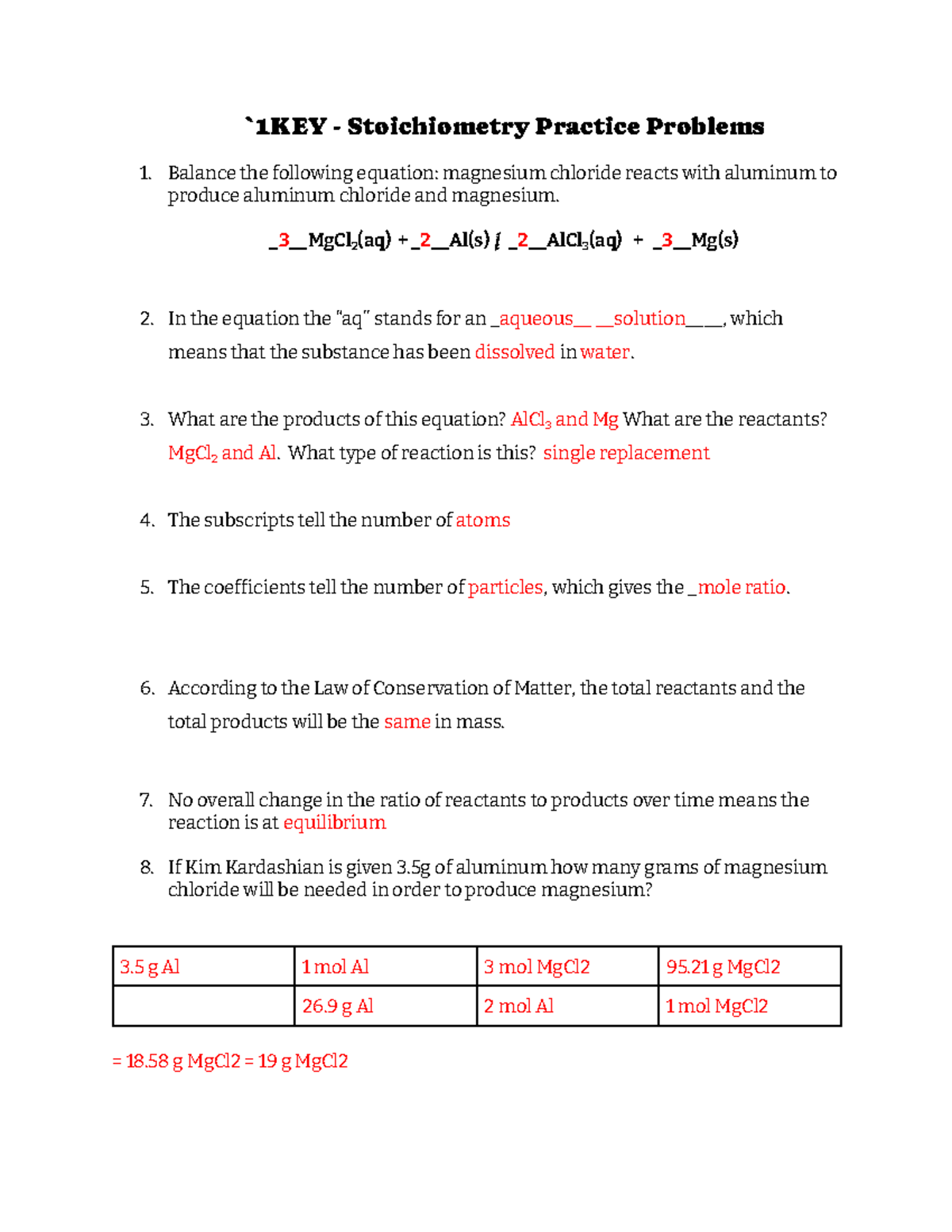 KEY of Practice Problems Stoichiometry (Unit 8) - `1KEY - Stoichiometry ...