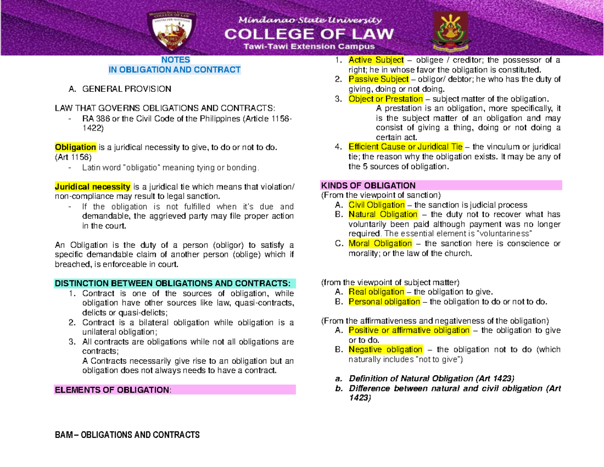 BAM's Notes IN Obligation AND Contract midterm - NOTES IN OBLIGATION ...