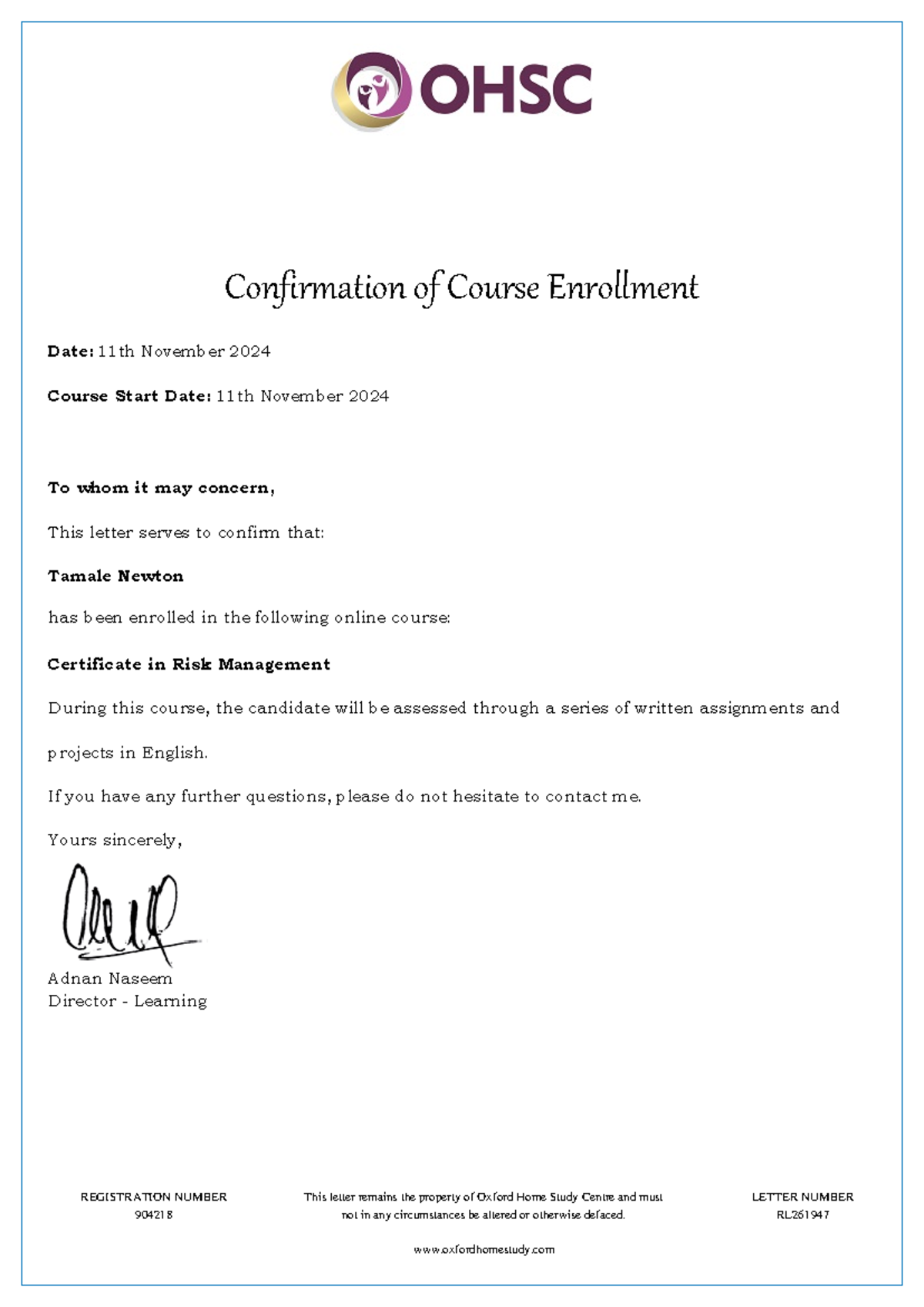 Course Enrollment - notes - Confirmation of Course Enrollment Date ...