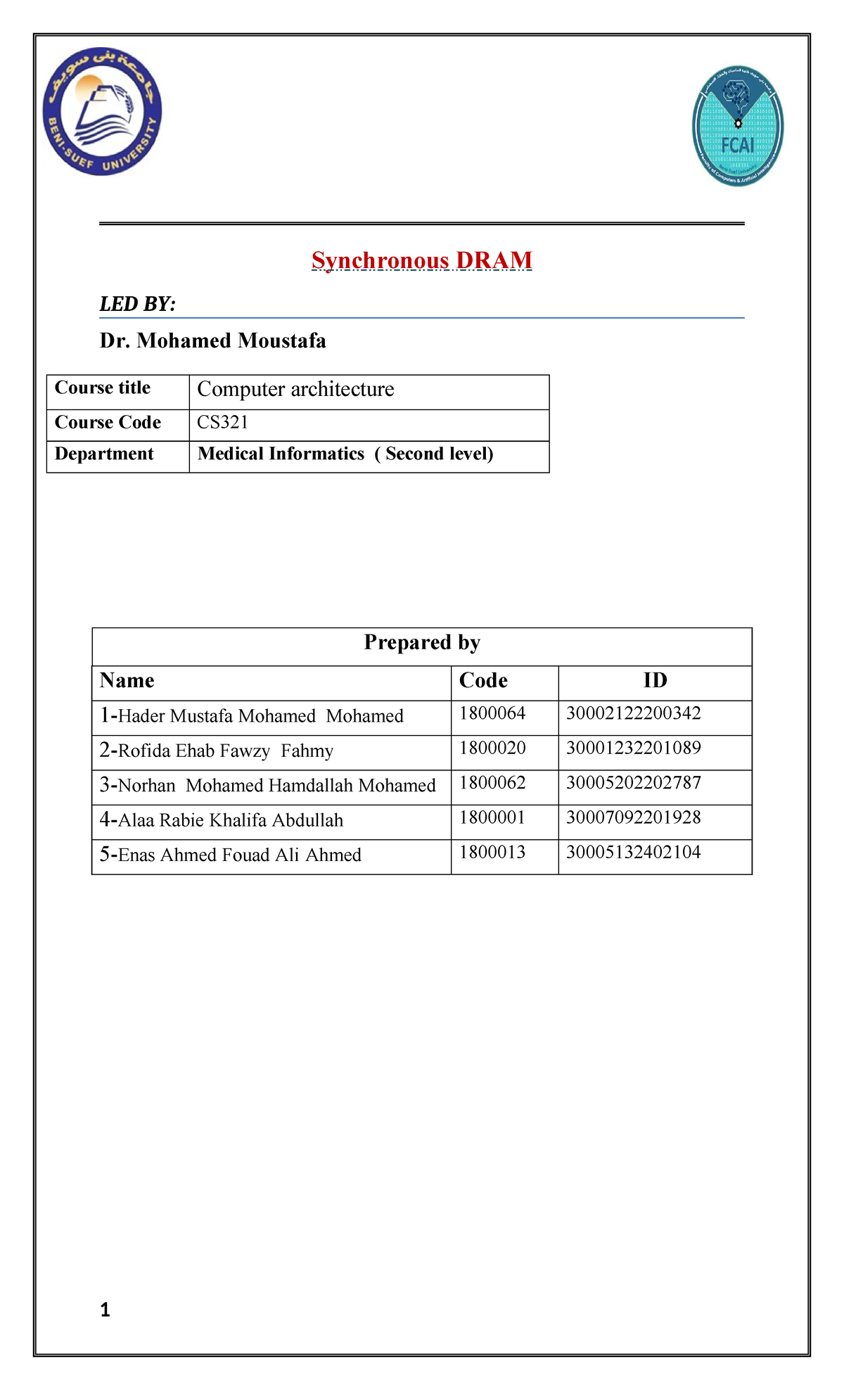 Computer Architecture [cs321] - Synchronous DRAM LED BY: Dr. Mohamed Moustafa Prepared by Name ...