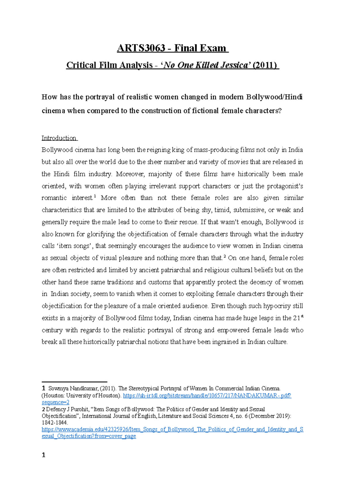 ARTS3063 - Final Exam - ARTS3063 - Final Exam Critical Film Analysis ...