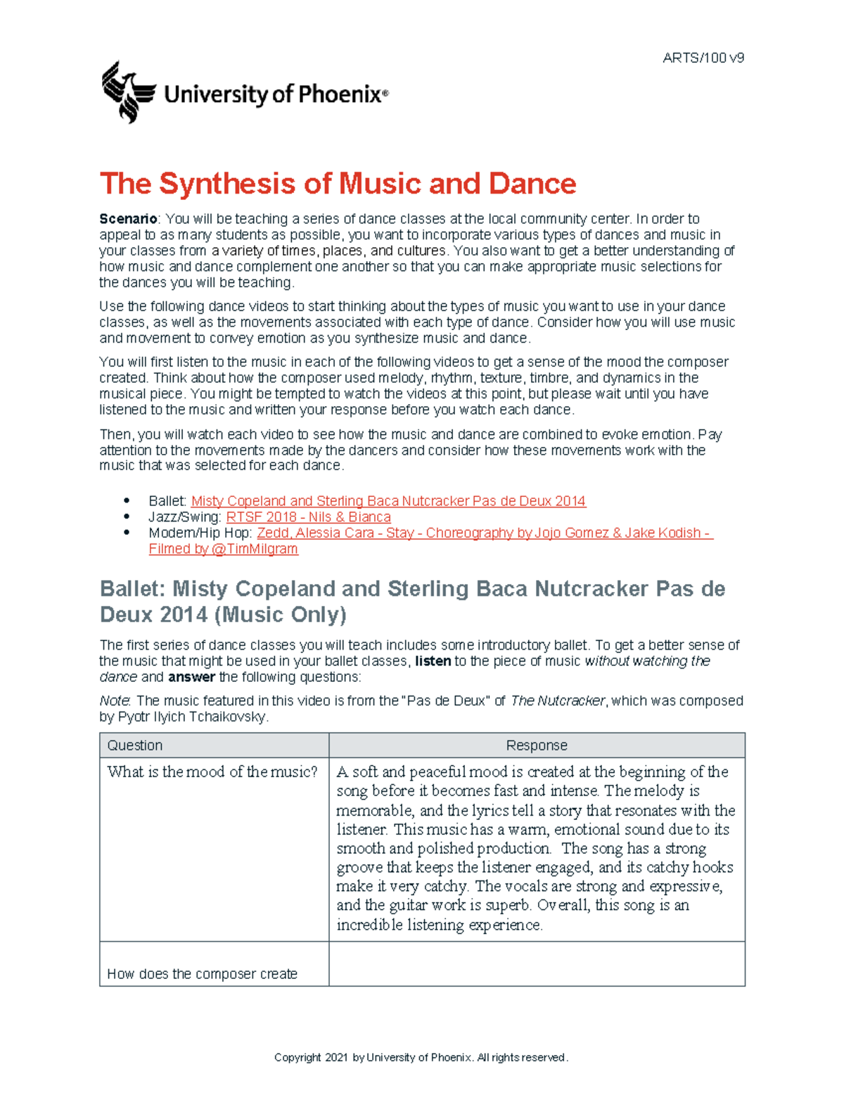 Arts100 v9 wk3 the synthesis of music and dance - ARTS/100 v The ...