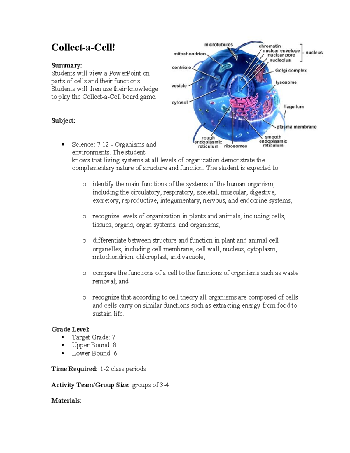 Cell Game Lesson Plan - Perform the cell activity as a game plan ...