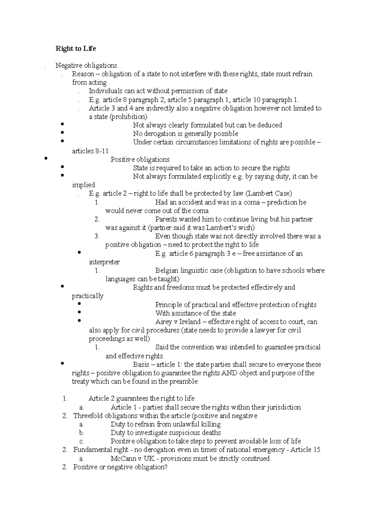 Right to Life - . Negative obligations Reason obligation of a state to ...