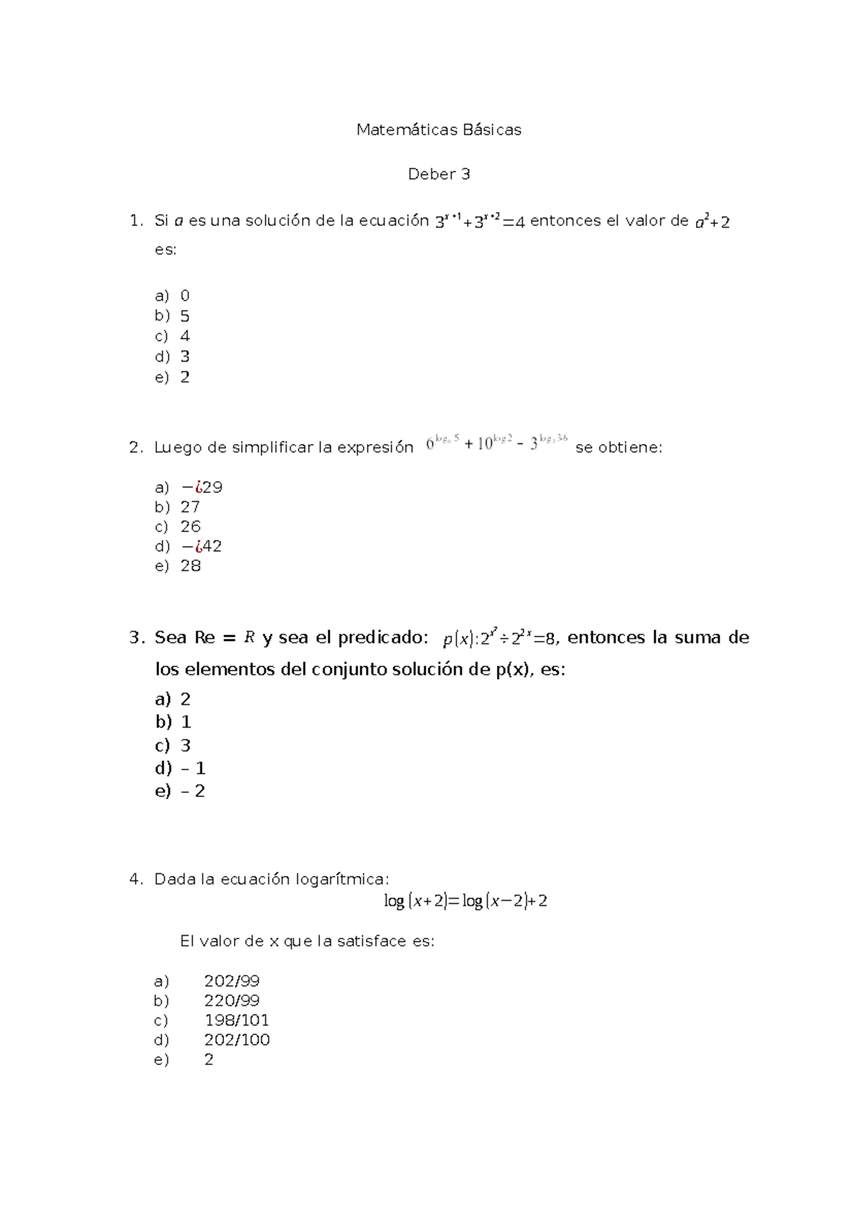 Matemáticas Básicas deber 3-1 - Si a es una solución de la ecuación 3 ...