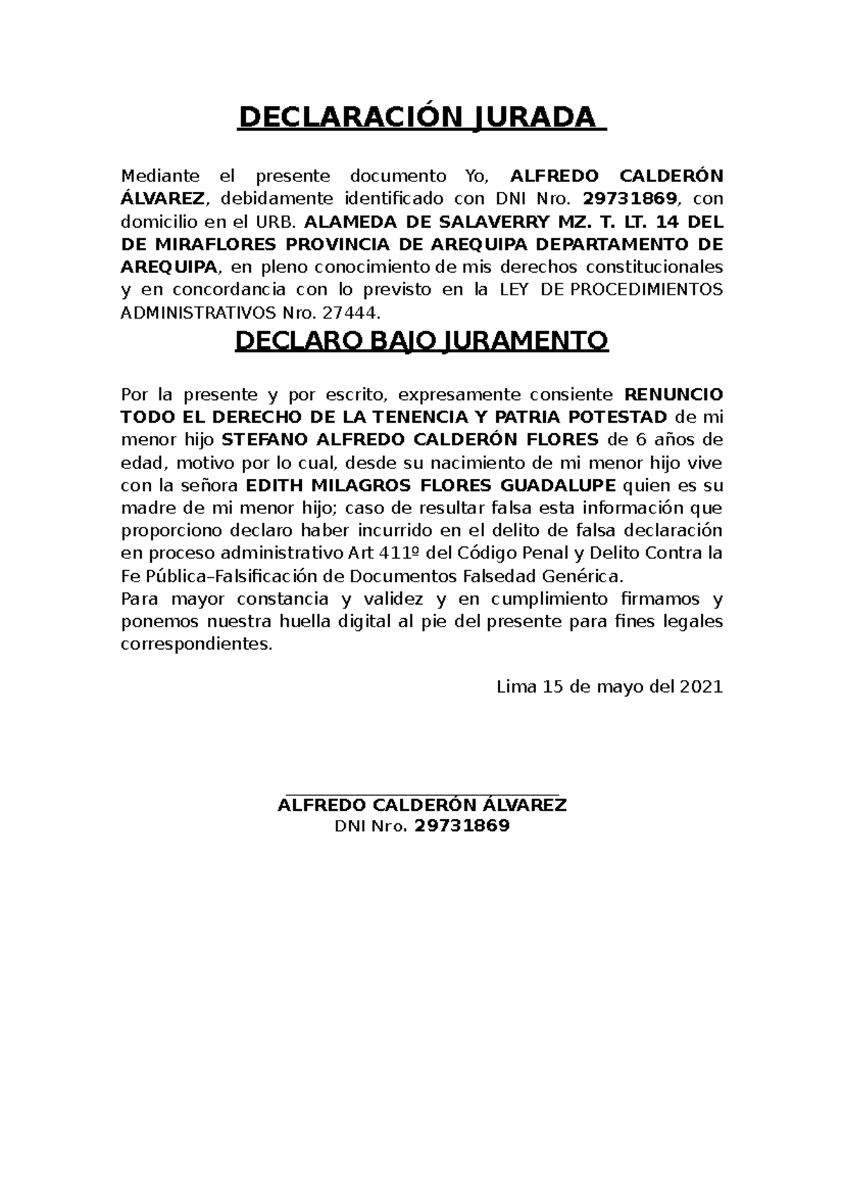 Declaración Jurada - DECLARACIÓN JURADA Mediante el presente documento ...