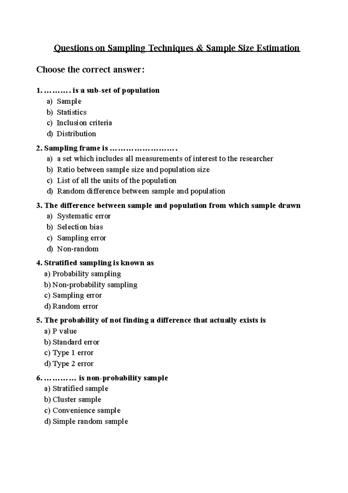 Sampling questions 2 (1) - Questions on Sampling Techniques & Sample ...