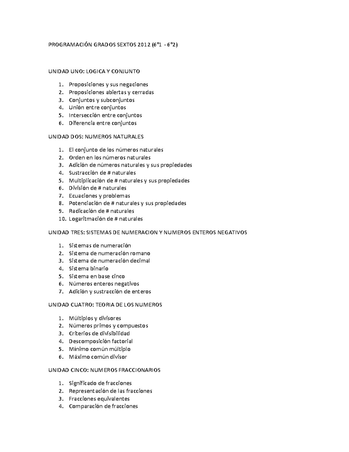 Programación Grados Sextos 2012 - PROGRAMACIÓN GRADOS SEXTOS 2012 (6°1 ... Programación Grados Sextos 2012 - PROGRAMACIÓN GRADOS SEXTOS 2012 (6°1 ...